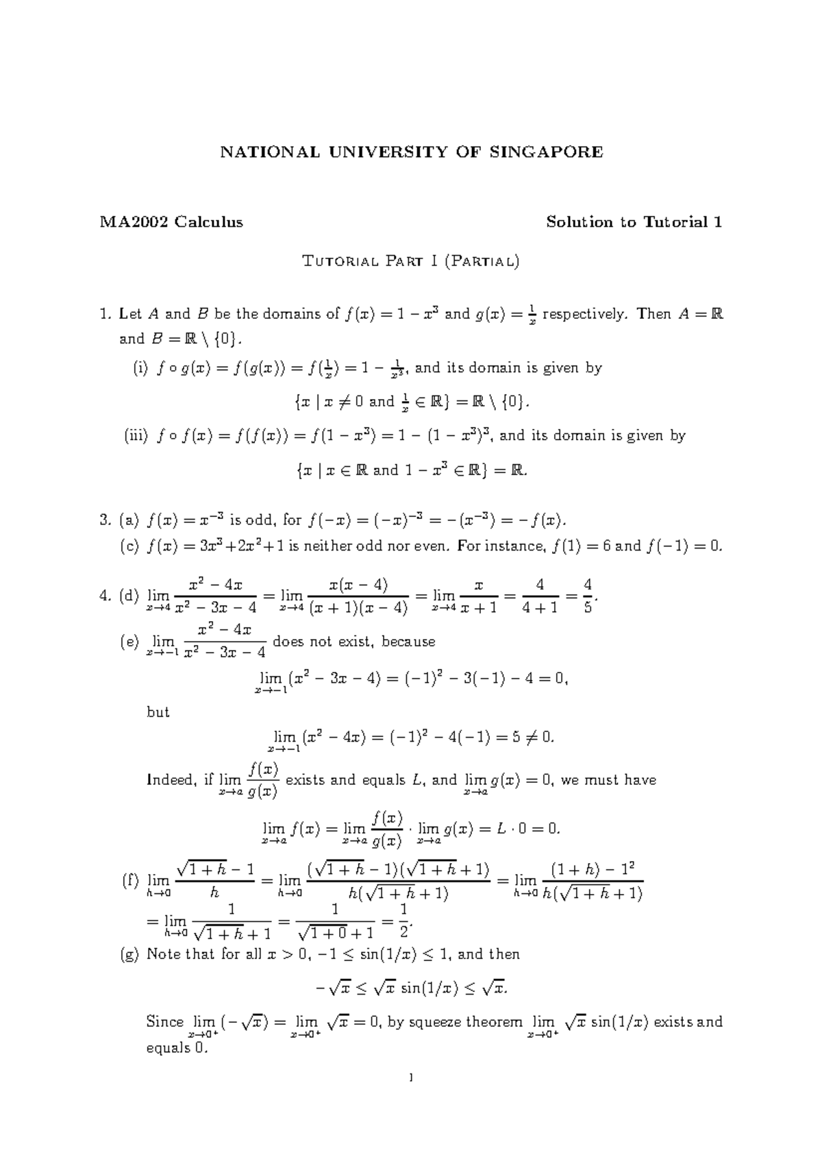 MA2002 Calculus Tutorial 1 Solutions (Partial) - Studocu