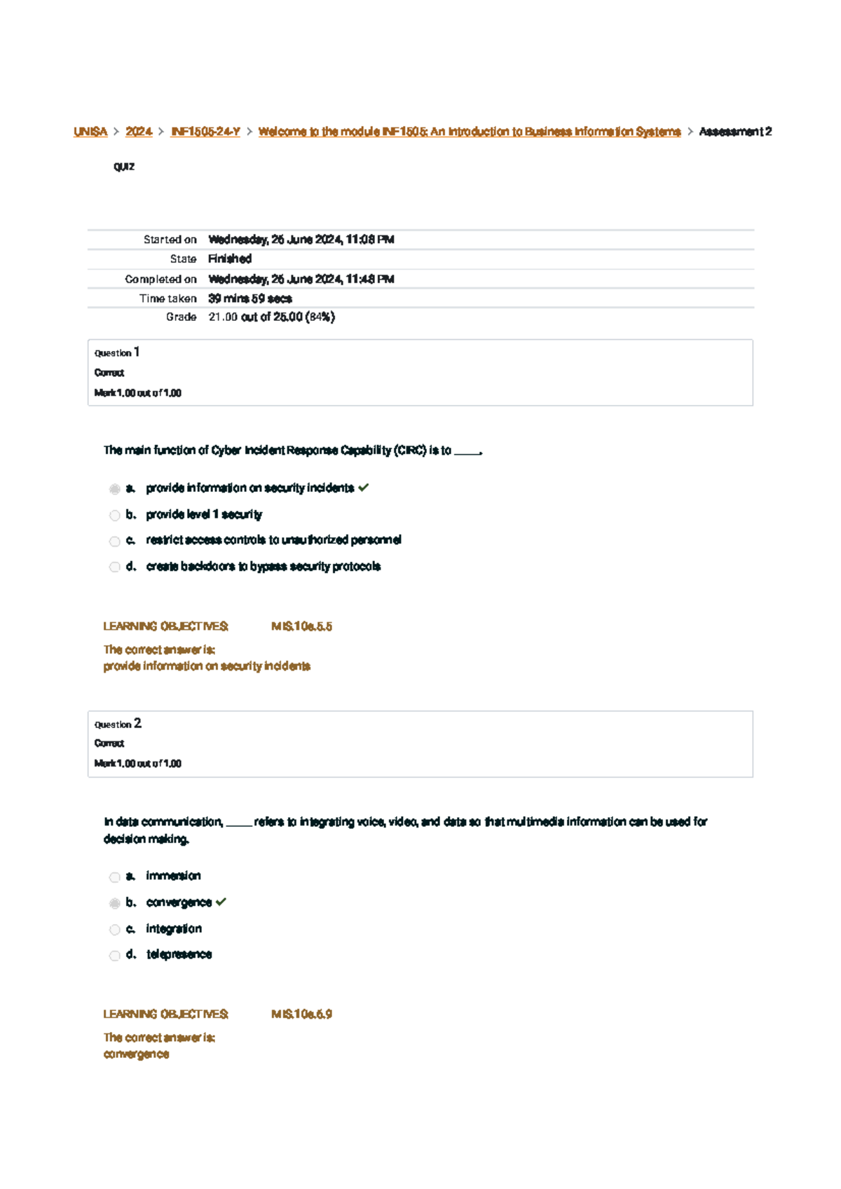 Assessment 2 Attempt review - UNISA 2024 INF1505-24-Y Welcome to the ...