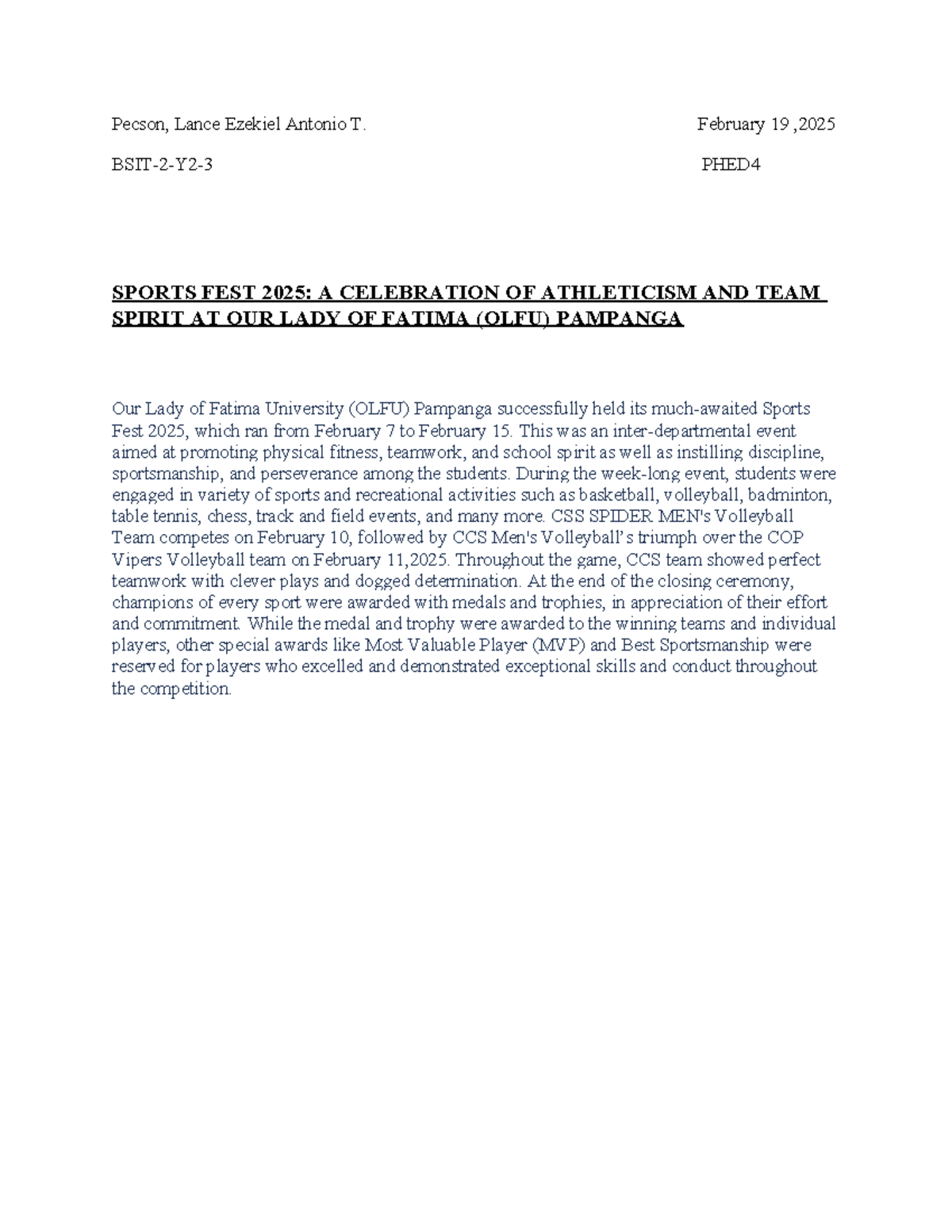 Narrative Report on Sports Fest 2025 - BSIT-2-Y2-3 PHED - Studocu
