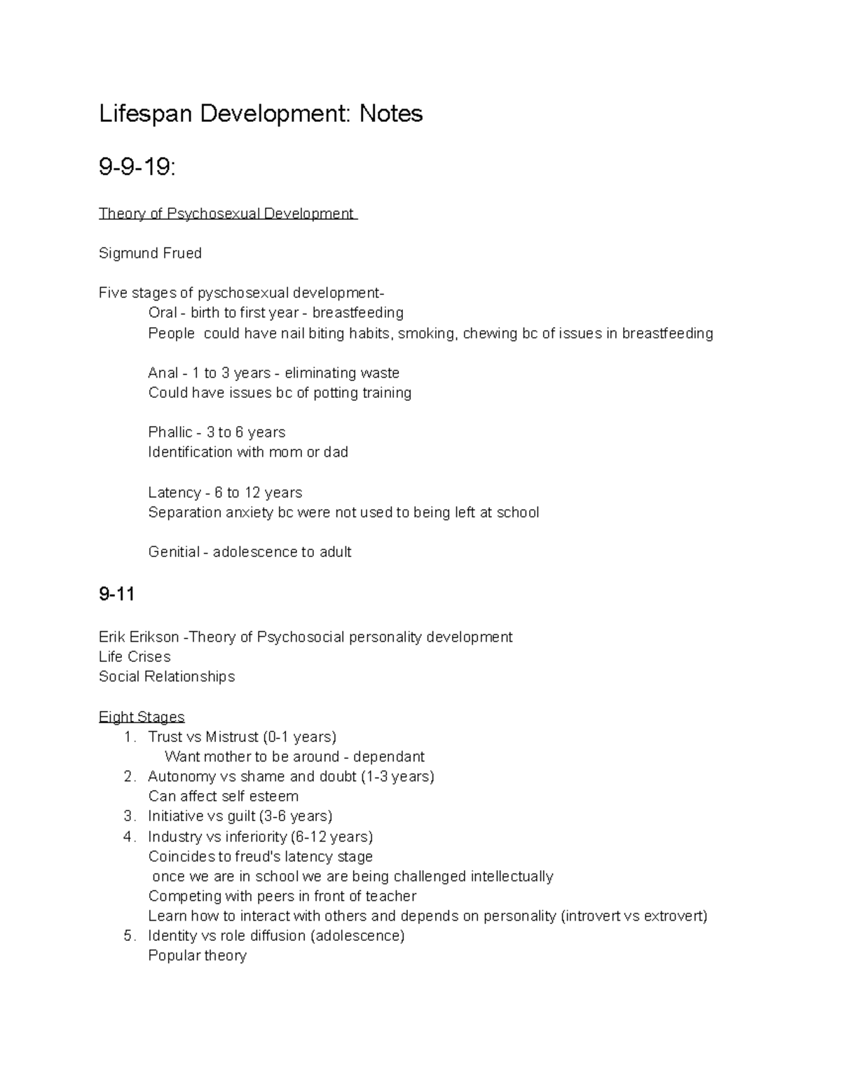 Lifespan development notes - Lifespan Development: Notes 9-9-19: Theory ...