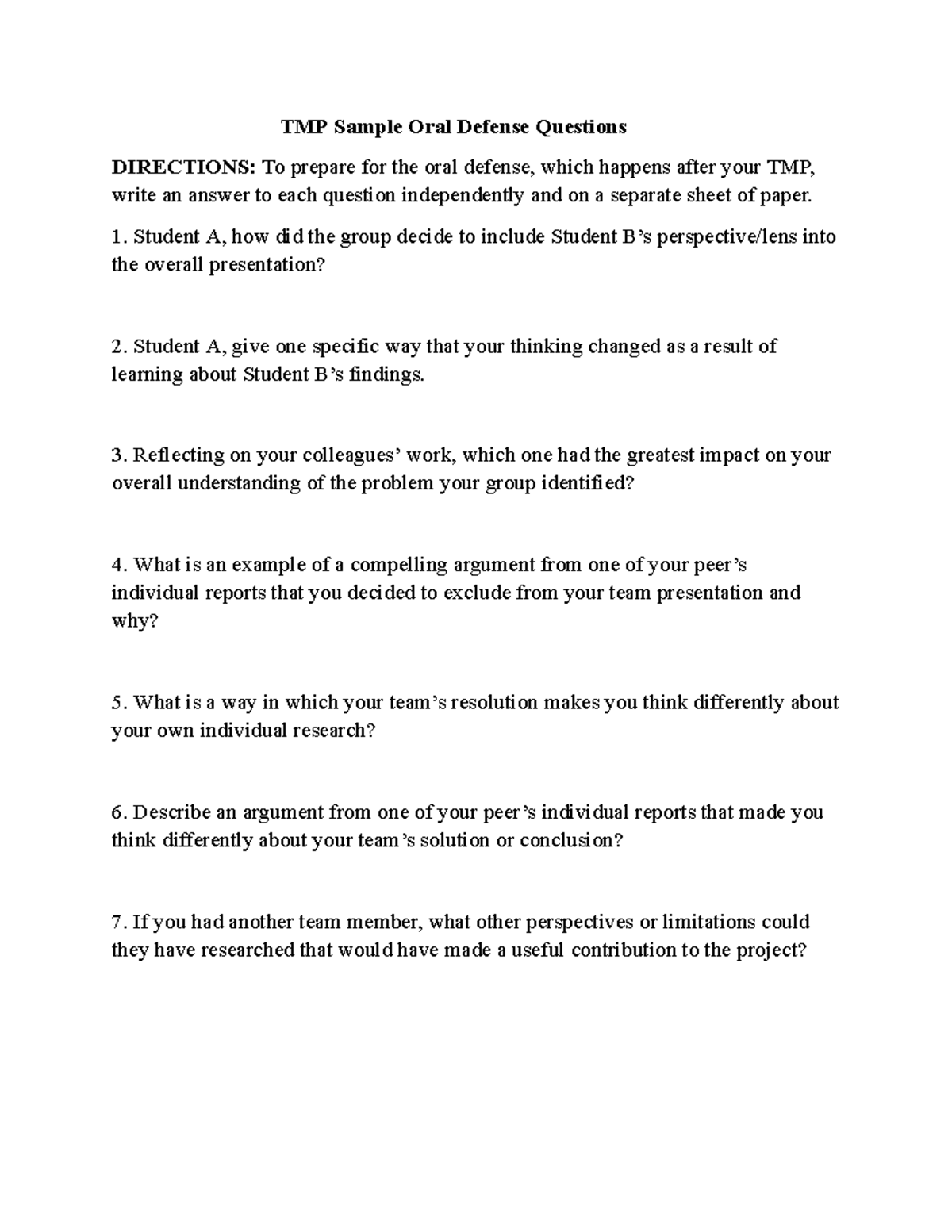 TMP Oral Defense Sample Questions for Student Preparation - Studocu