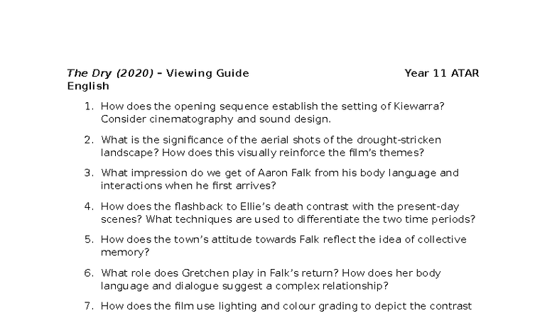 The Dry (2020) Viewing Questions - English Year 11 ATAR Guide - Studocu