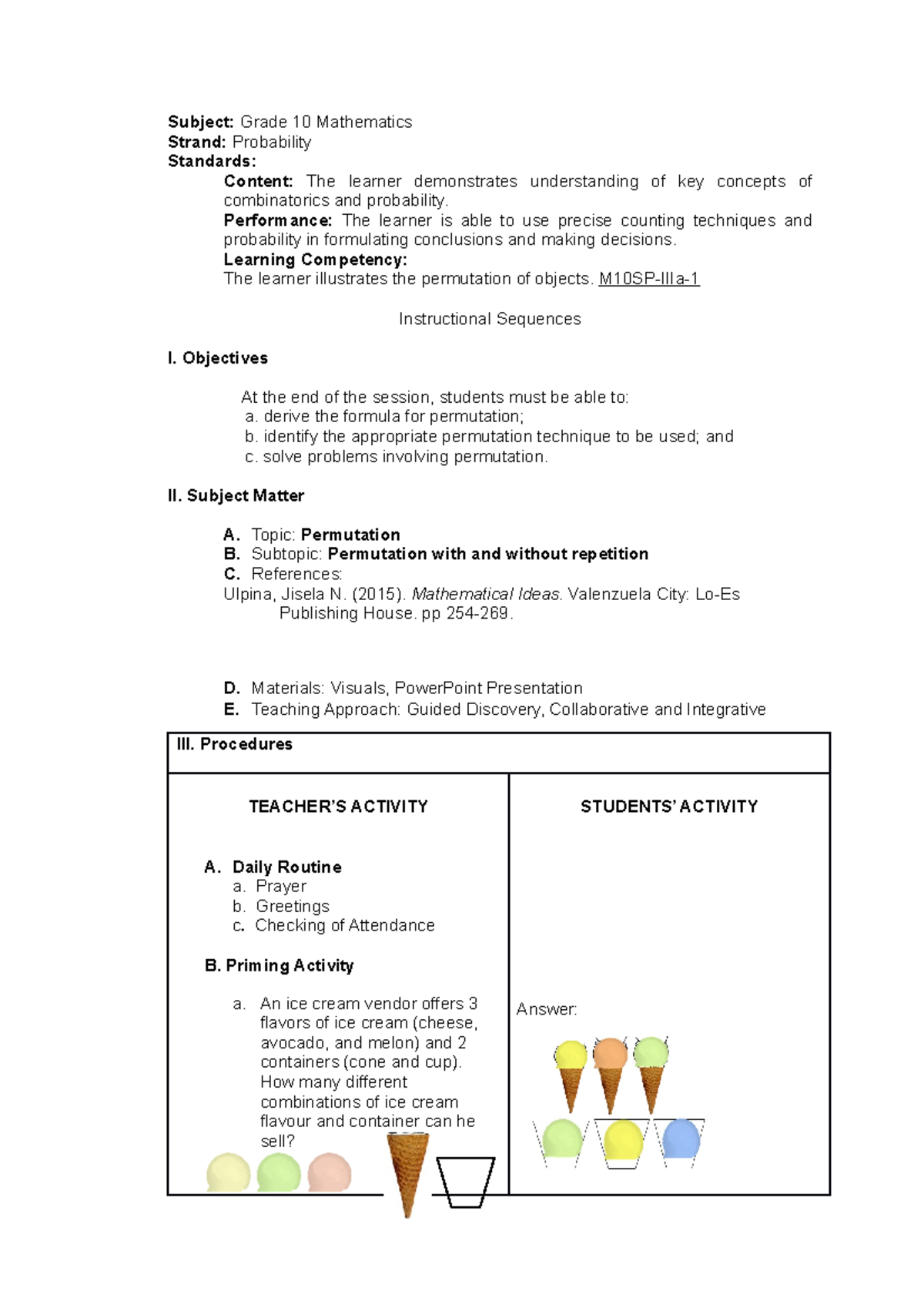 Grade 10 Math Lesson Plan: Exploring Permutations & Combinatorics - Studocu