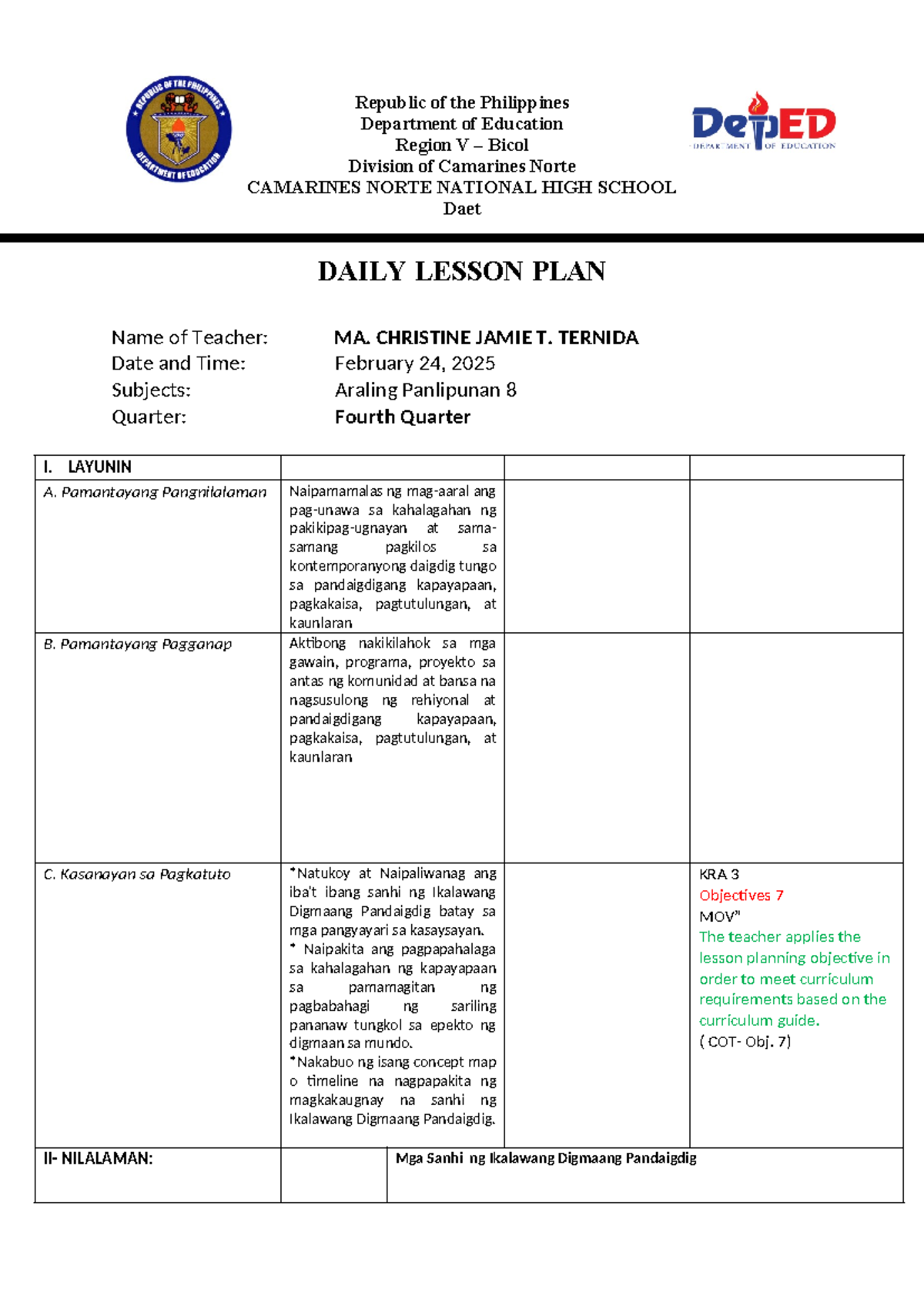 DLP 8: Araling Panlipunan 8 - Ikalawang Digmaang Pandaigdig Lesson Plan ...