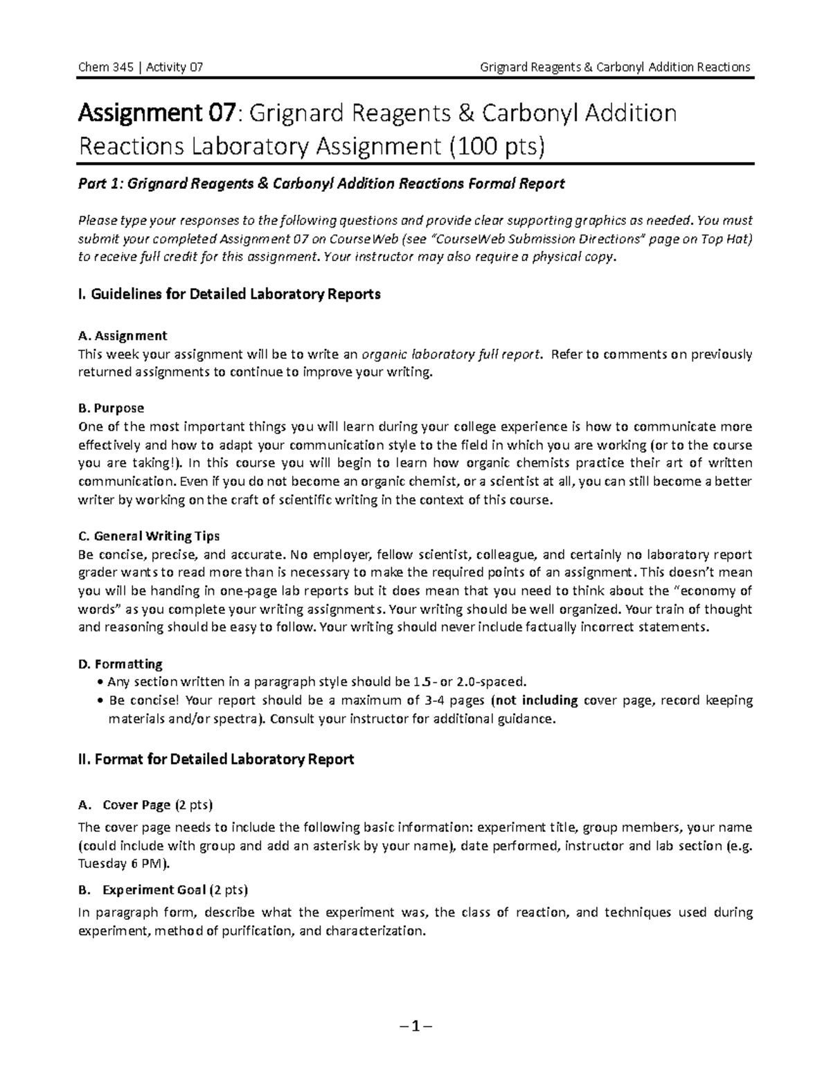 Chem 345 | Activity 07: Grignard Reagents & Carbonyl Addition Report ...