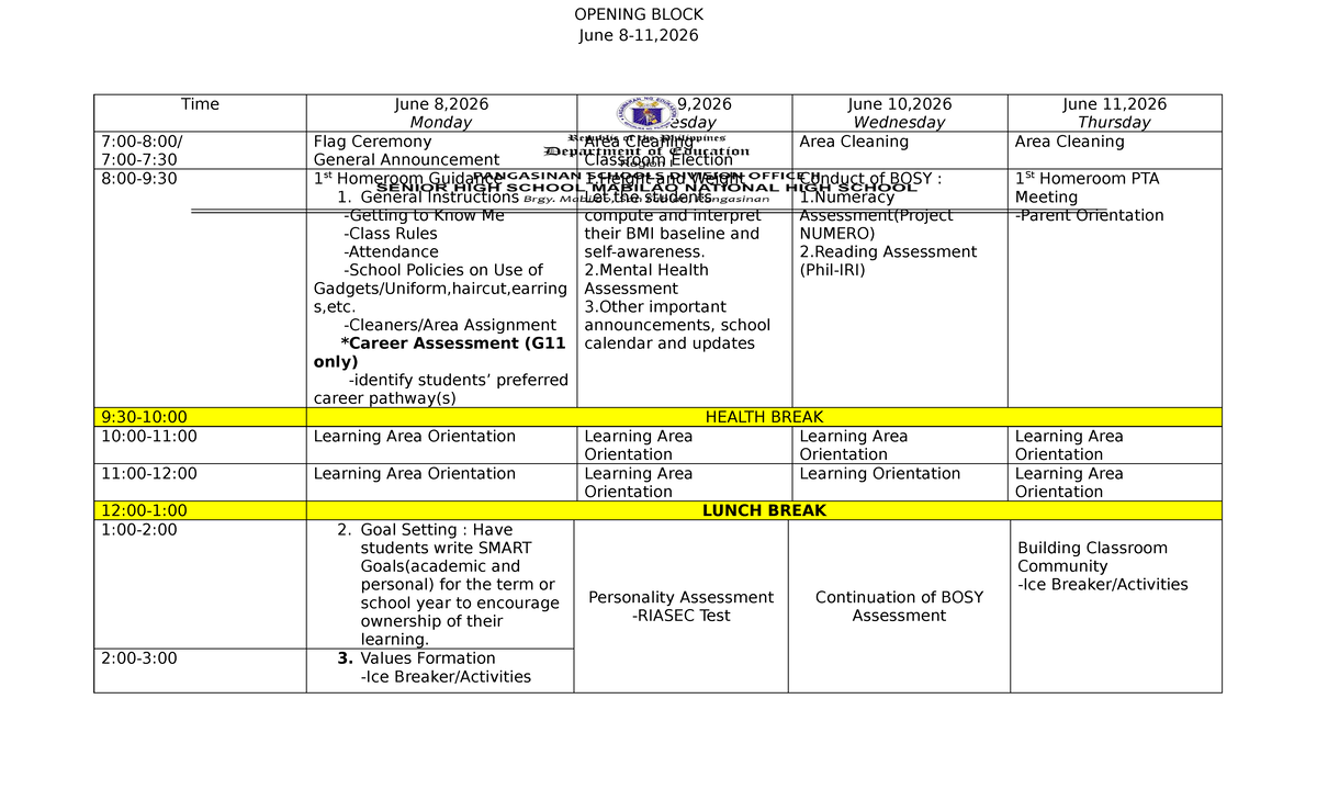 Opening Block Schedule G11 & G12 - June 8-11, 2026 - Studocu