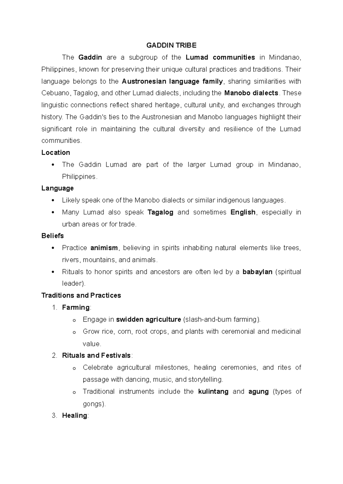 CULTURE OF MINDANAO: GADDIN TRIBES AND THEIR TRADITIONS - Studocu