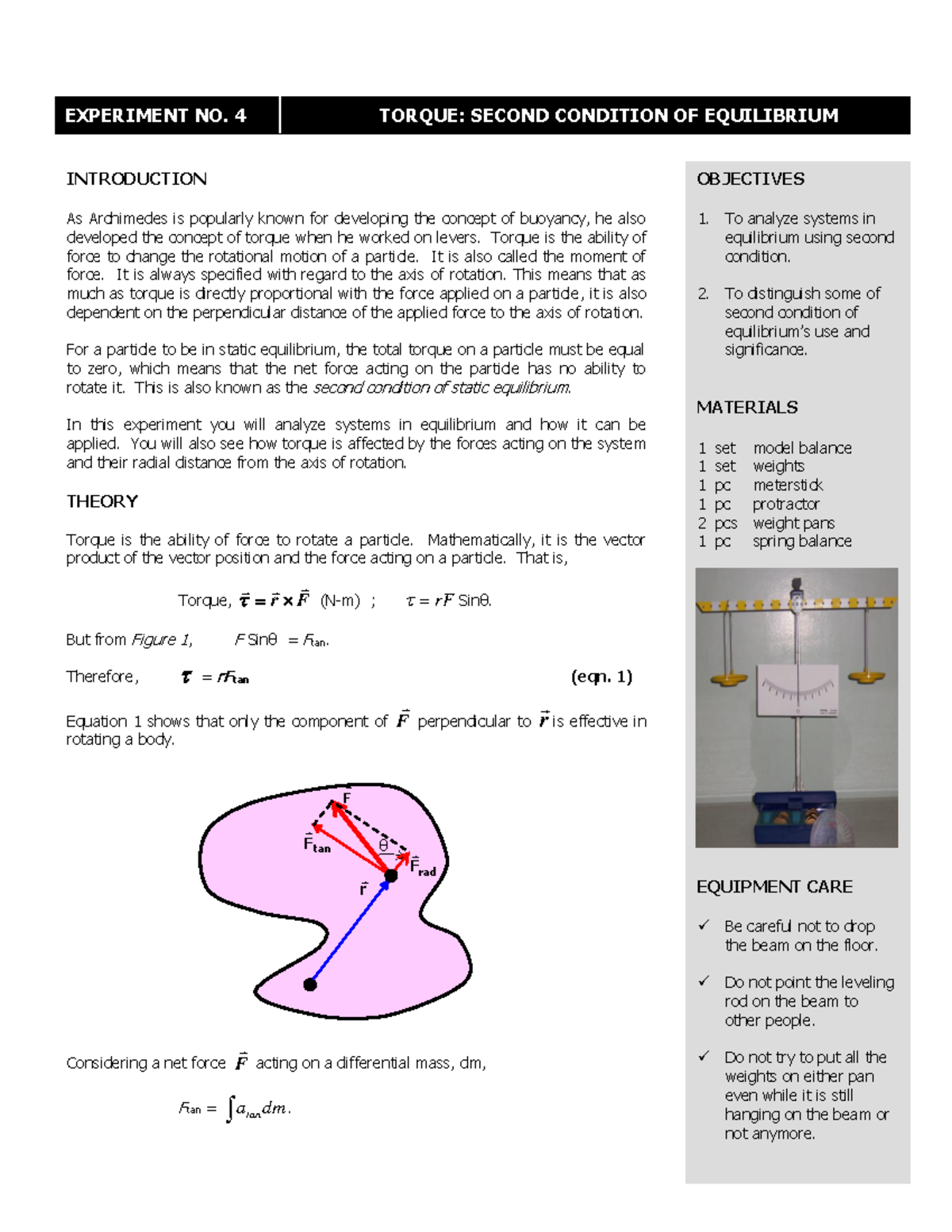 E4 - Torque and Second Condition of Equilibrium Experiment - Studocu