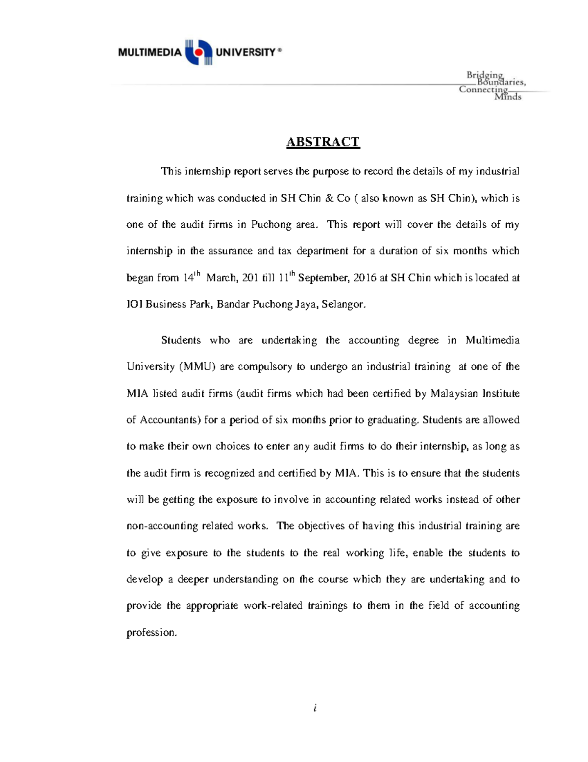 MMU 101: Internship Report on Auditing at SH Chin & Co - Studocu