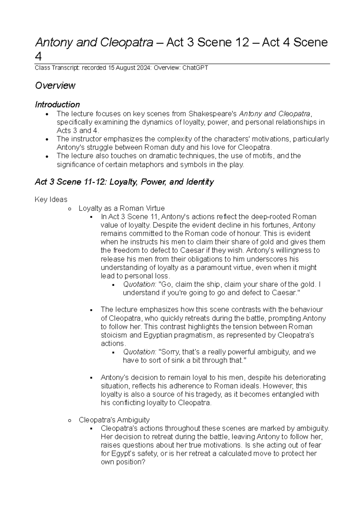 Antony and Cleopatra: Act 3 Scene 12 & Act 4 Scene 4 Lecture Notes (15 ...
