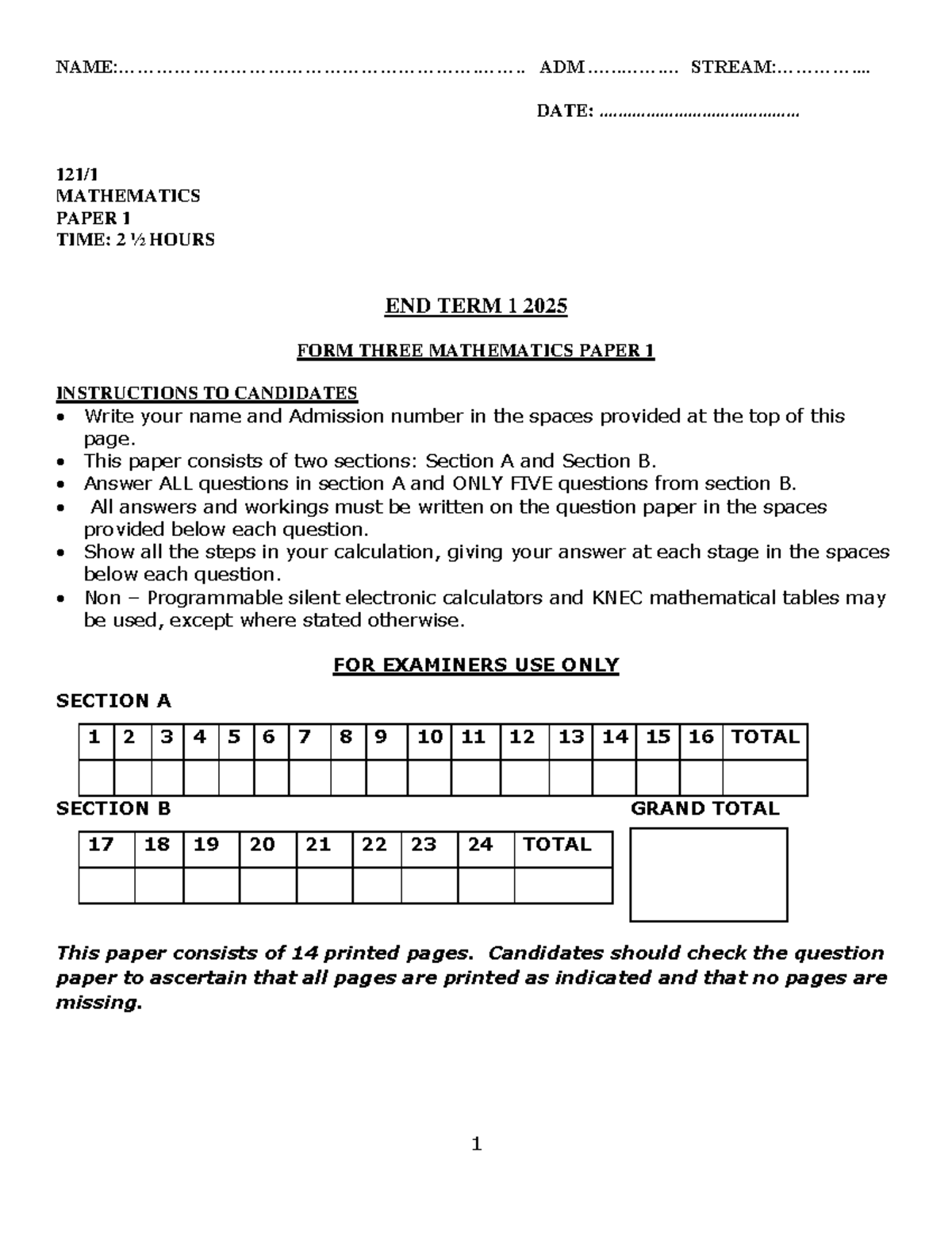 Final Exam: Form Three Mathematics Paper 1 (ADM 2025) - Studocu