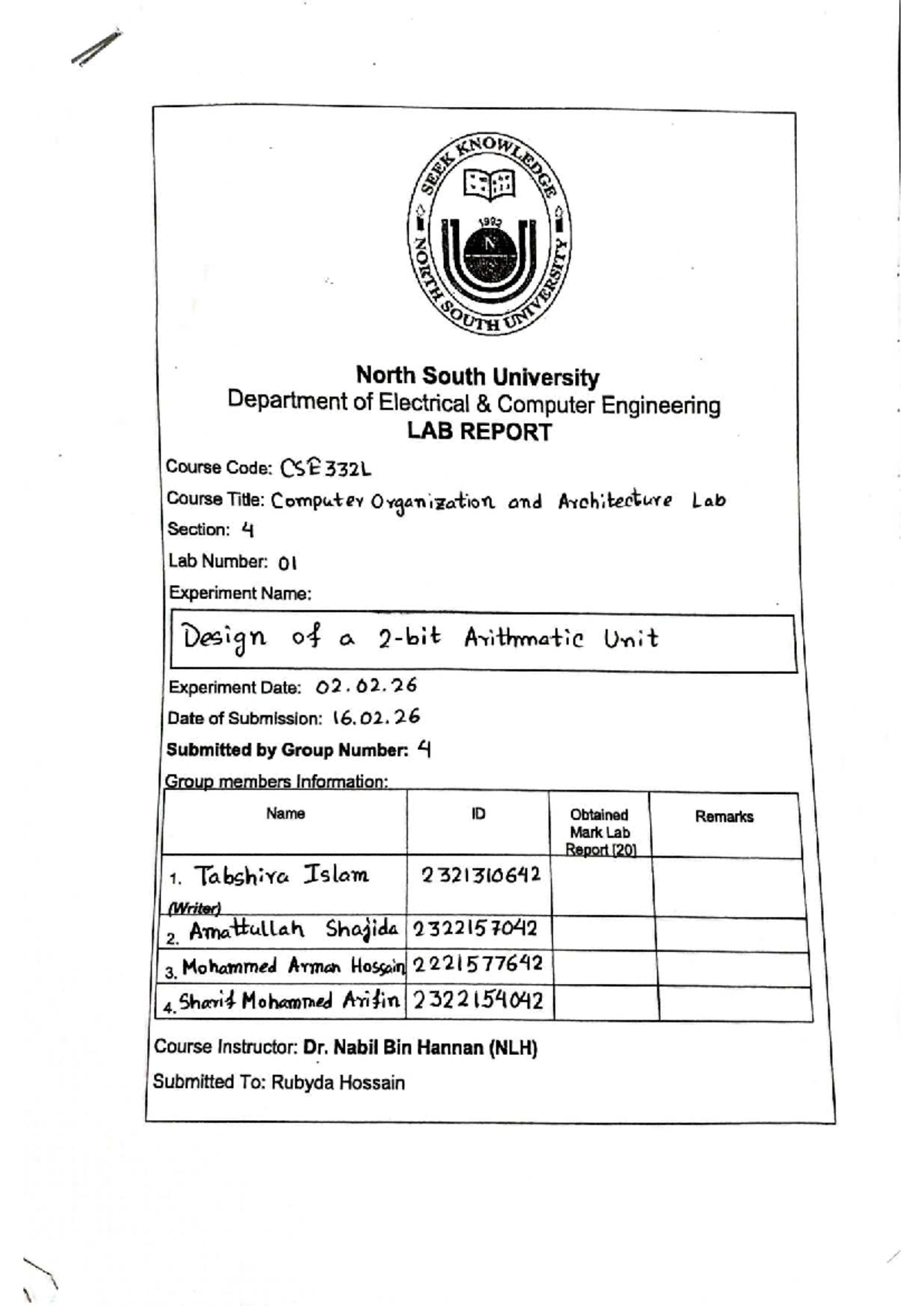 CSE332L Lab Report: Design of 2-Bit Arithmetic Unit - Studocu