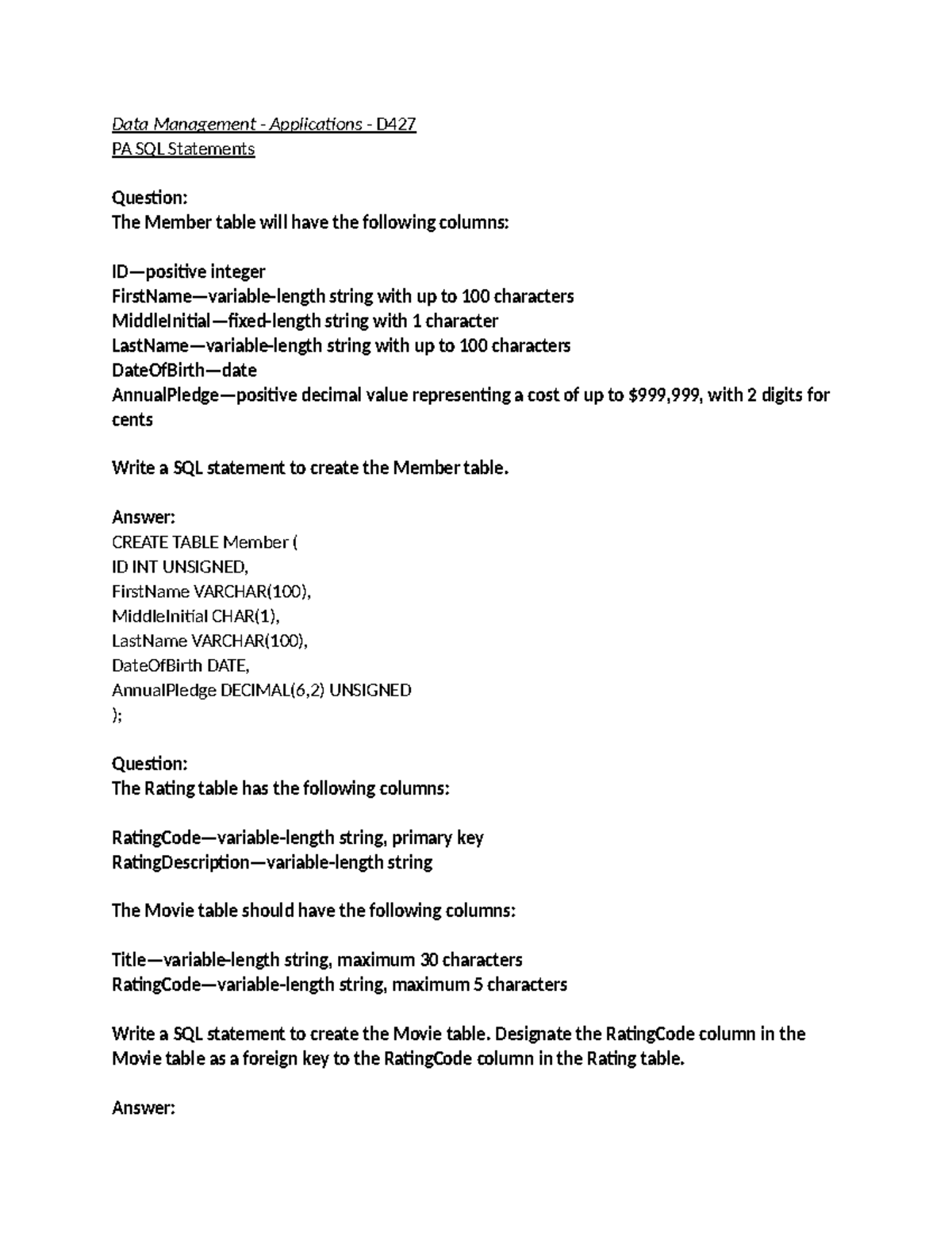 Data Management Applications D427 SQL Statements Guide - Studocu