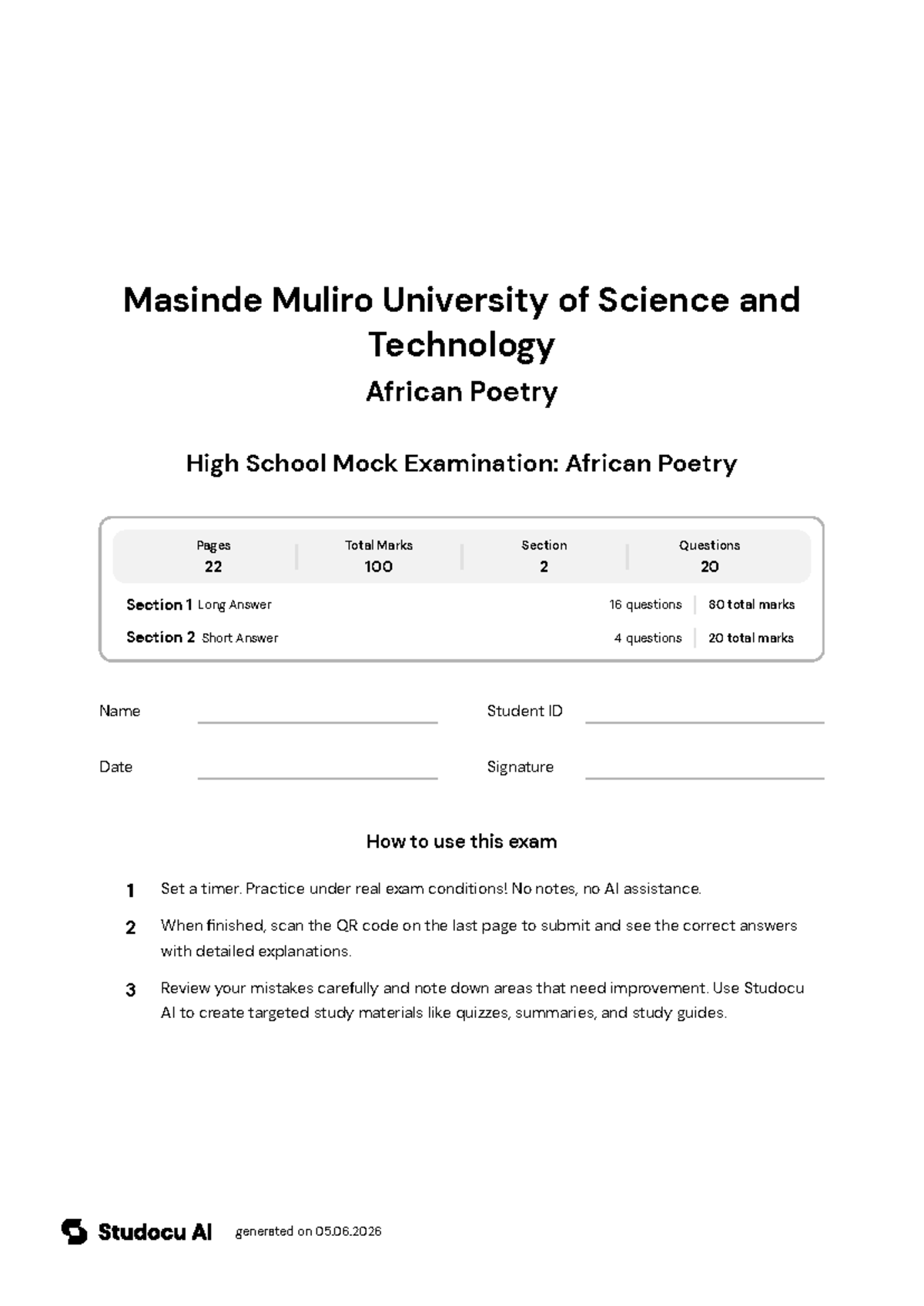 High School Mock Exam: African Poetry - Studocu