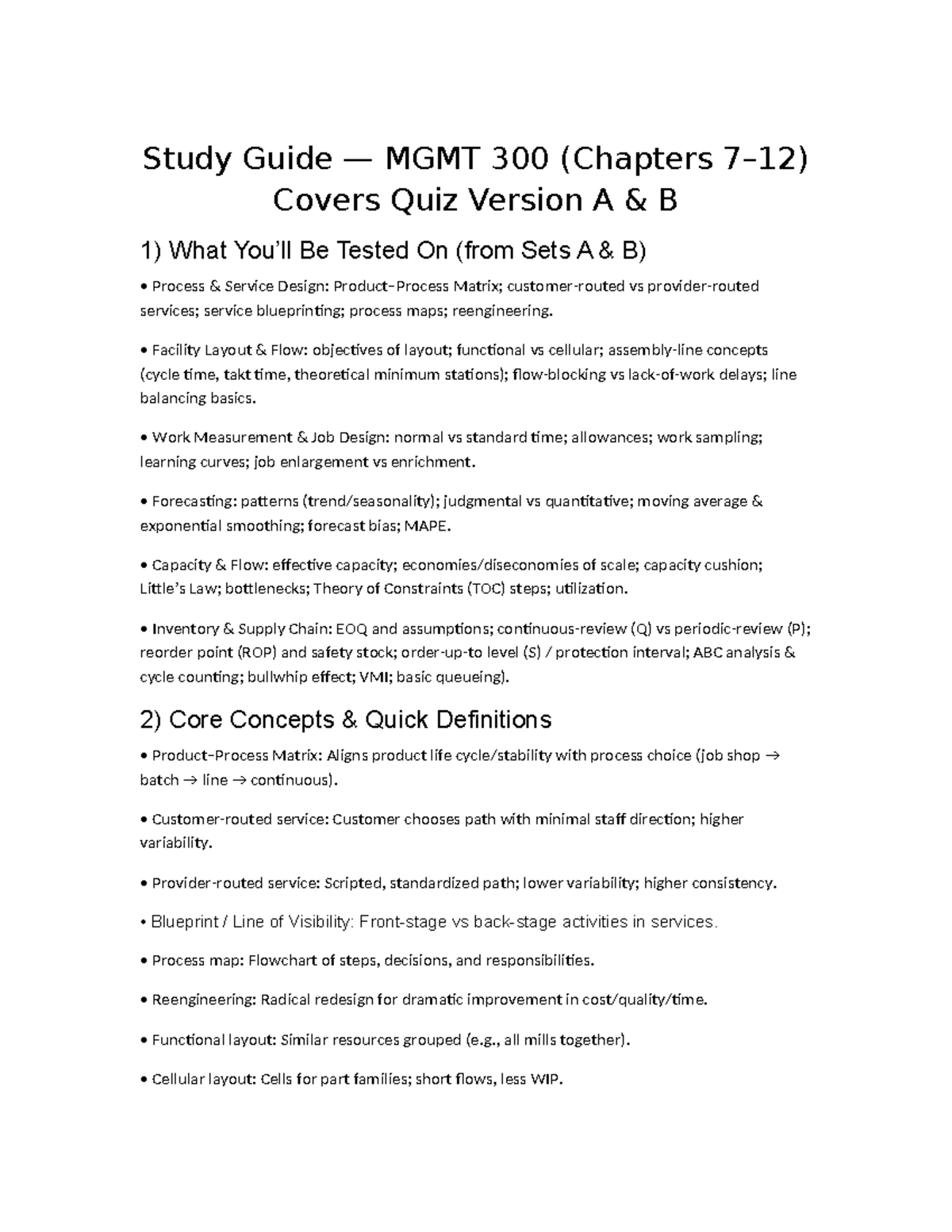 Study Guide MGMT 300: Chapters 7-12 & Quiz Versions A/B Overview - Studocu