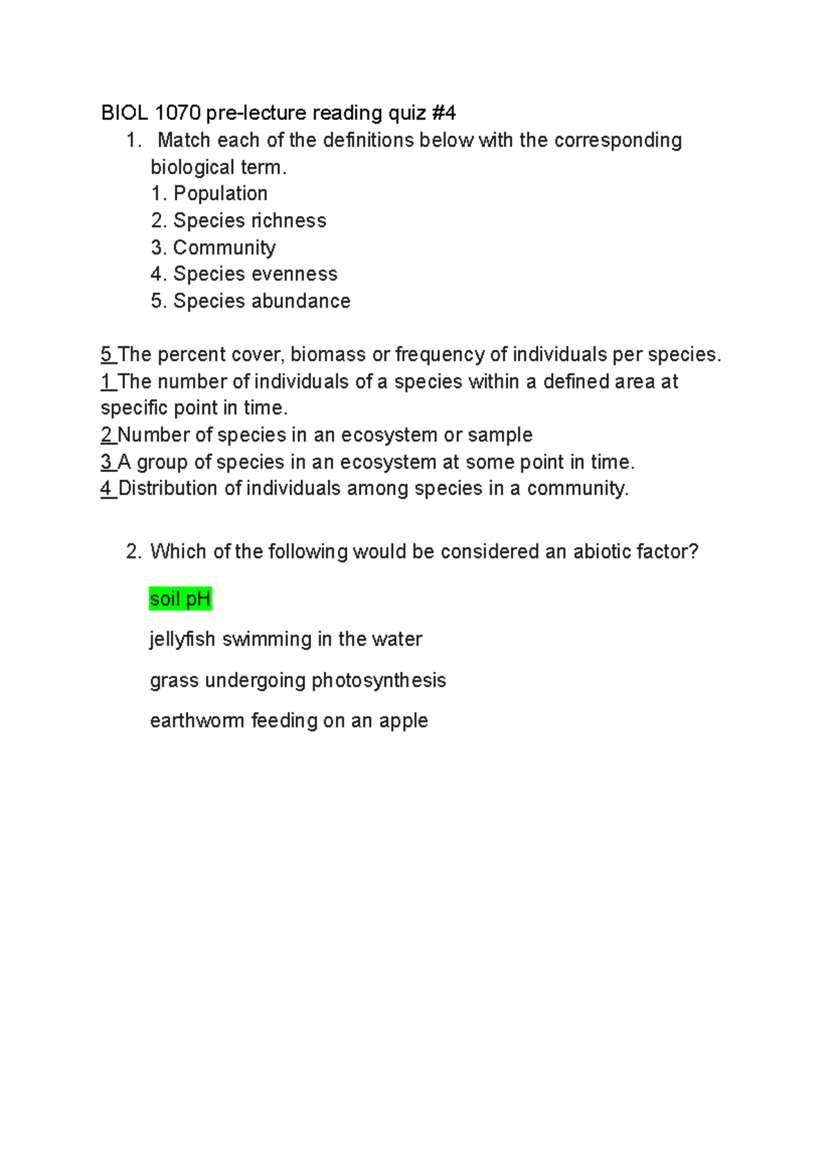 BIOL 1070 pre-lecture reading quiz #4 - BIOL 1070 pre-lecture reading ...