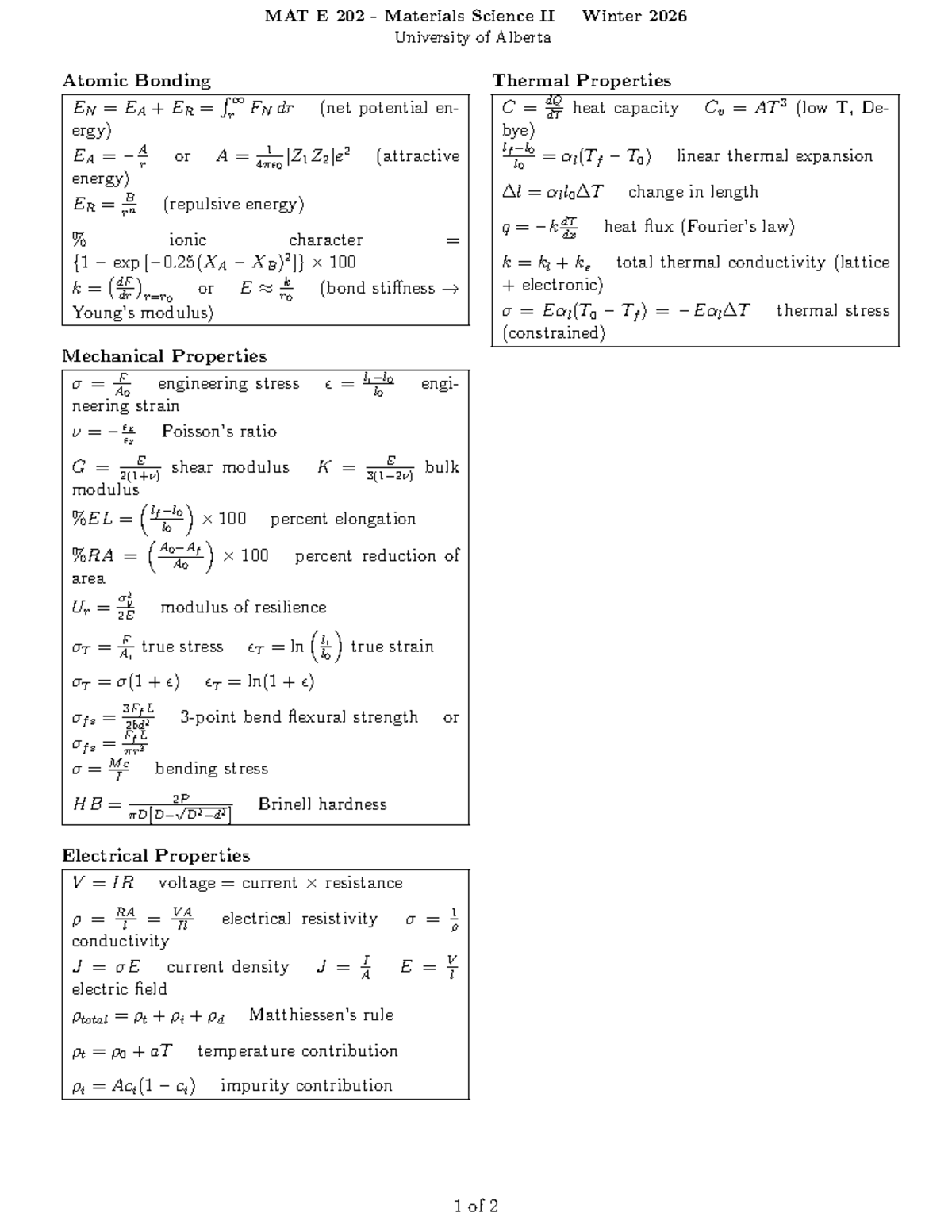Mat E 202 Materials Science II Formula Sheet for Thermal & Mechanical ...