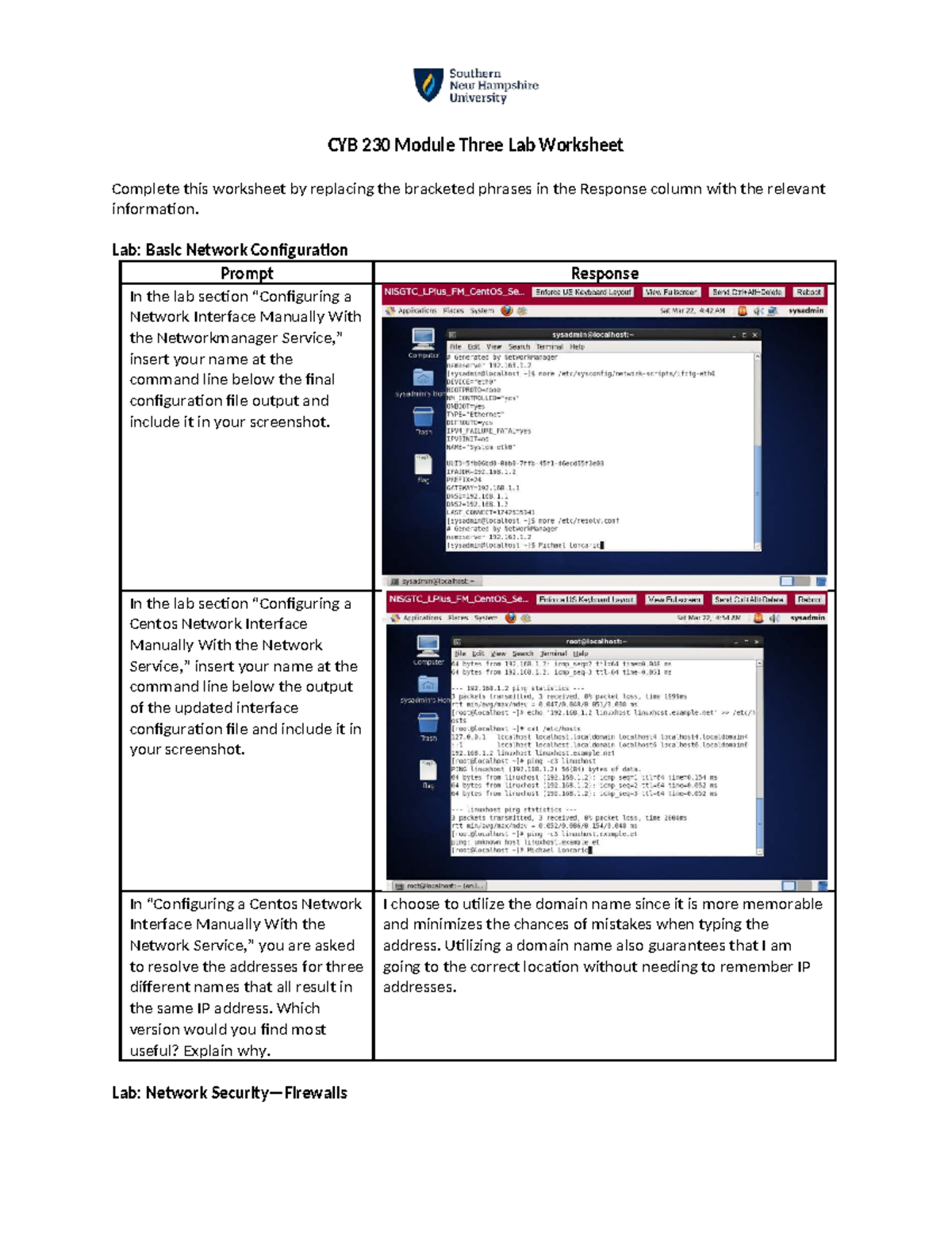 CYB 230 Module Three Lab Worksheet: Network Config & Security Policies ...