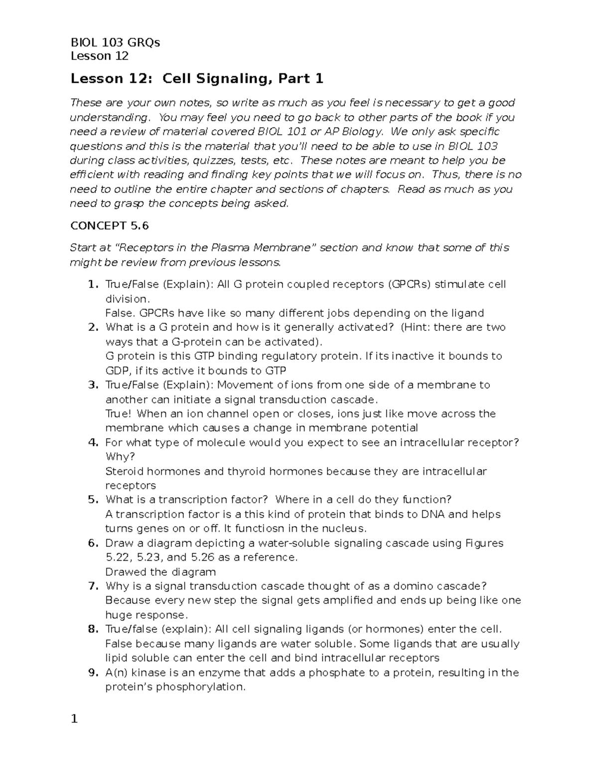 BIOL 103 GRQs Lesson 12: Cell Signaling Concepts and Notes - Studocu