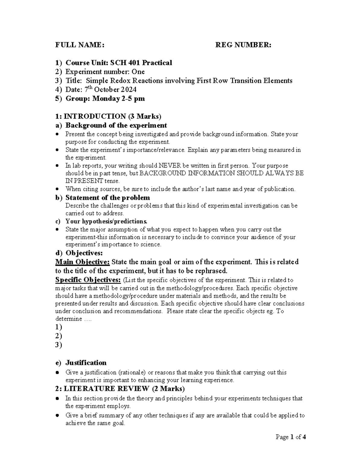 Practical Report Format .14 - FULL NAME: REG NUMBER: 1) Course Unit ...