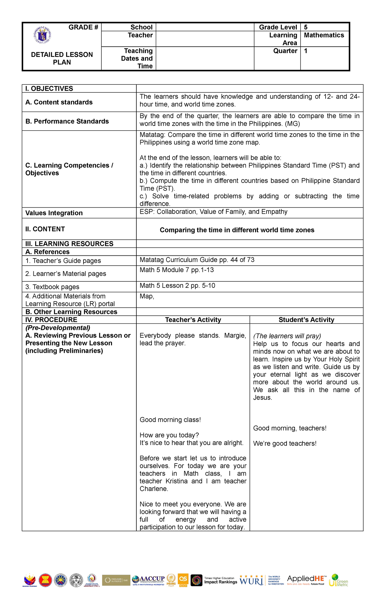 Math 5 detailed lesson plan: Understanding world time zones and PST ...