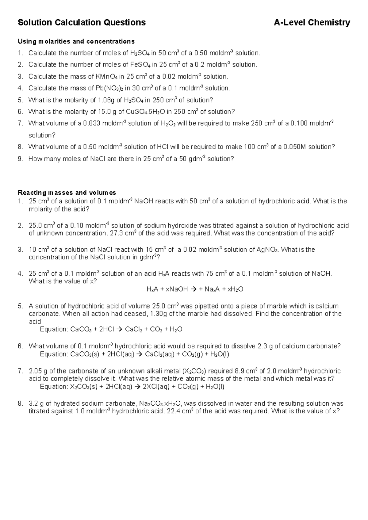 A-Level Chemistry Solution Calculation Questions and Problems - Studocu