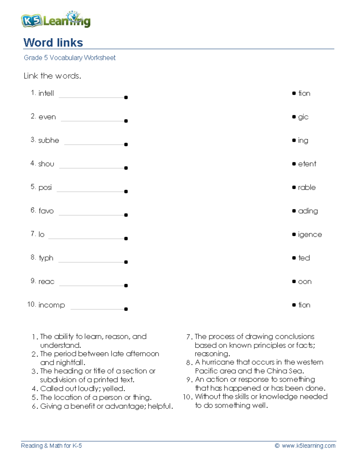 Grade 5 Vocabulary Worksheet: Word Links & Definitions - Studocu