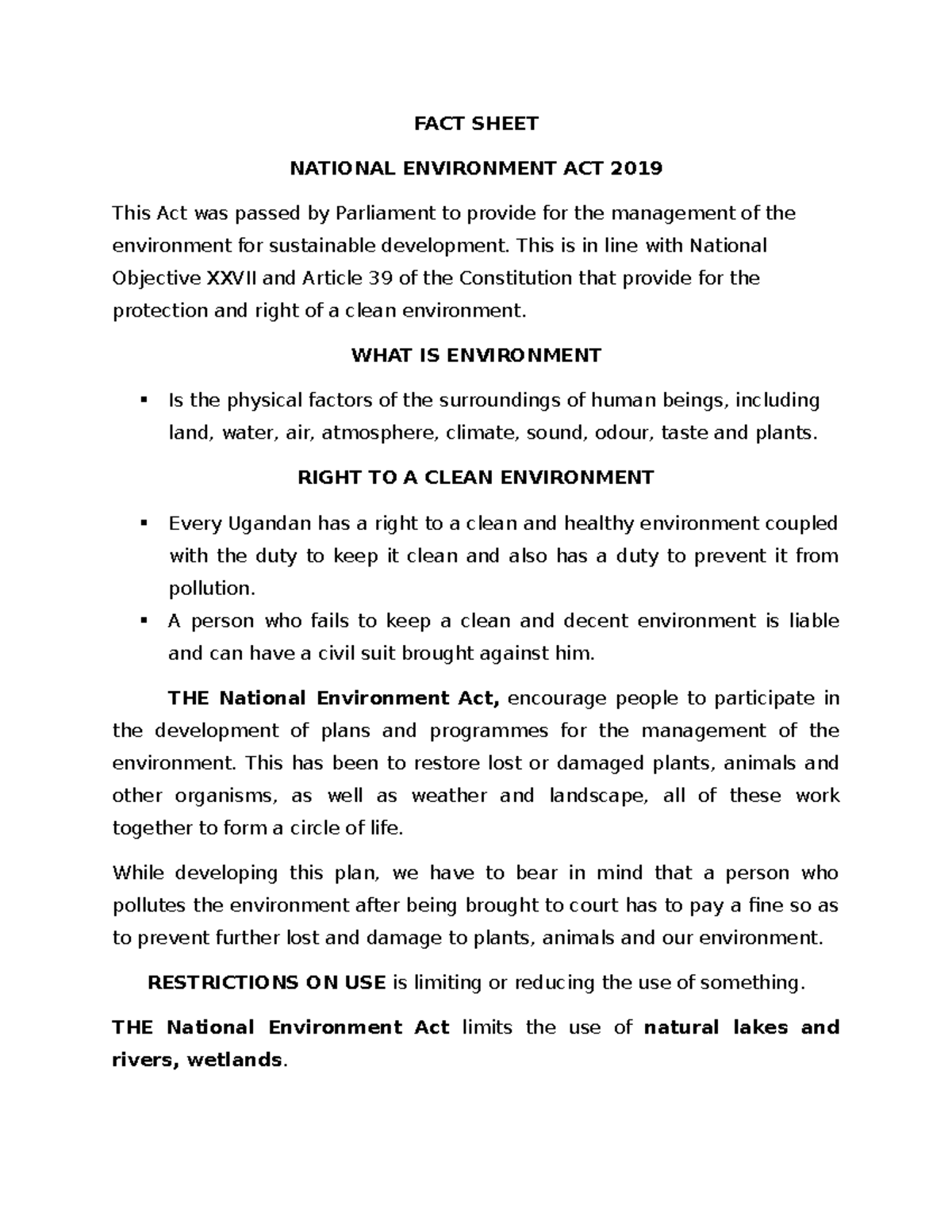 FACT Sheet NEA 2019 - FACT SHEET NATIONAL ENVIRONMENT ACT 2019 This Act ...