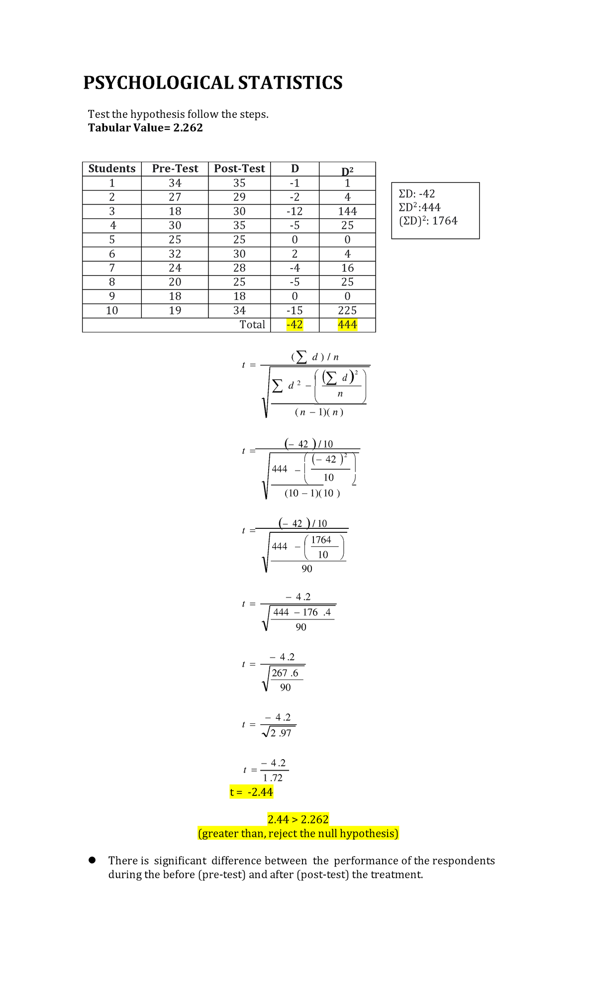 Psych Stats Test the hypothesis - ö ( ÷ õ d ) 2 õ d 2 − ÷ ö ÷ ø n ø ÷ ...