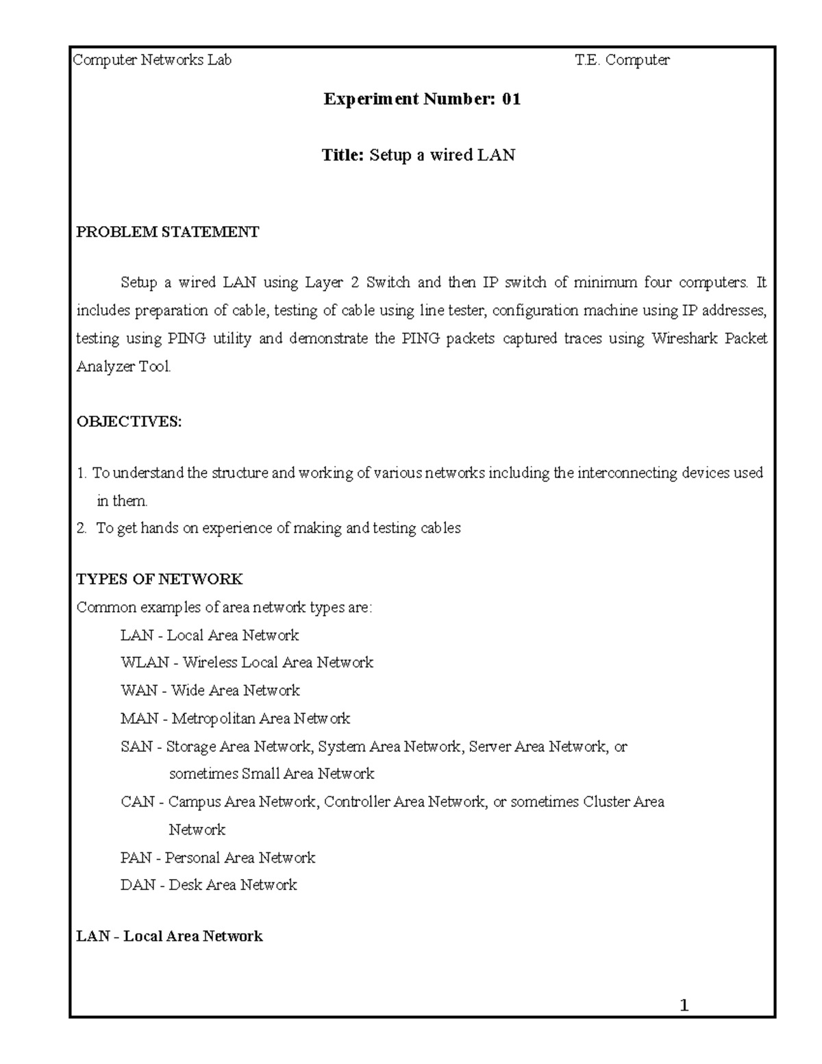 1. cn-lab-manual-a1-lan - Experiment Number: 01 Title: Setup a wired ...