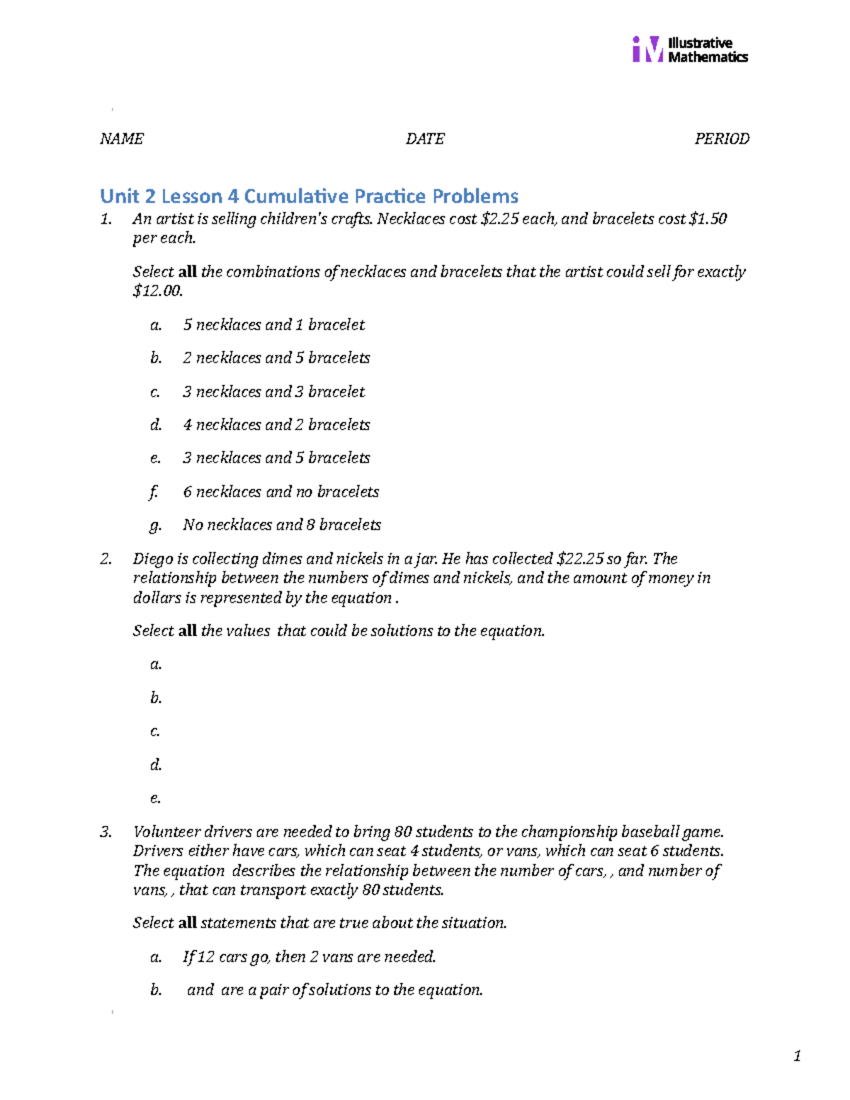Algebra 1 2 4 Lesson curated practice problem set - Unit 2 Lesson 4 ...
