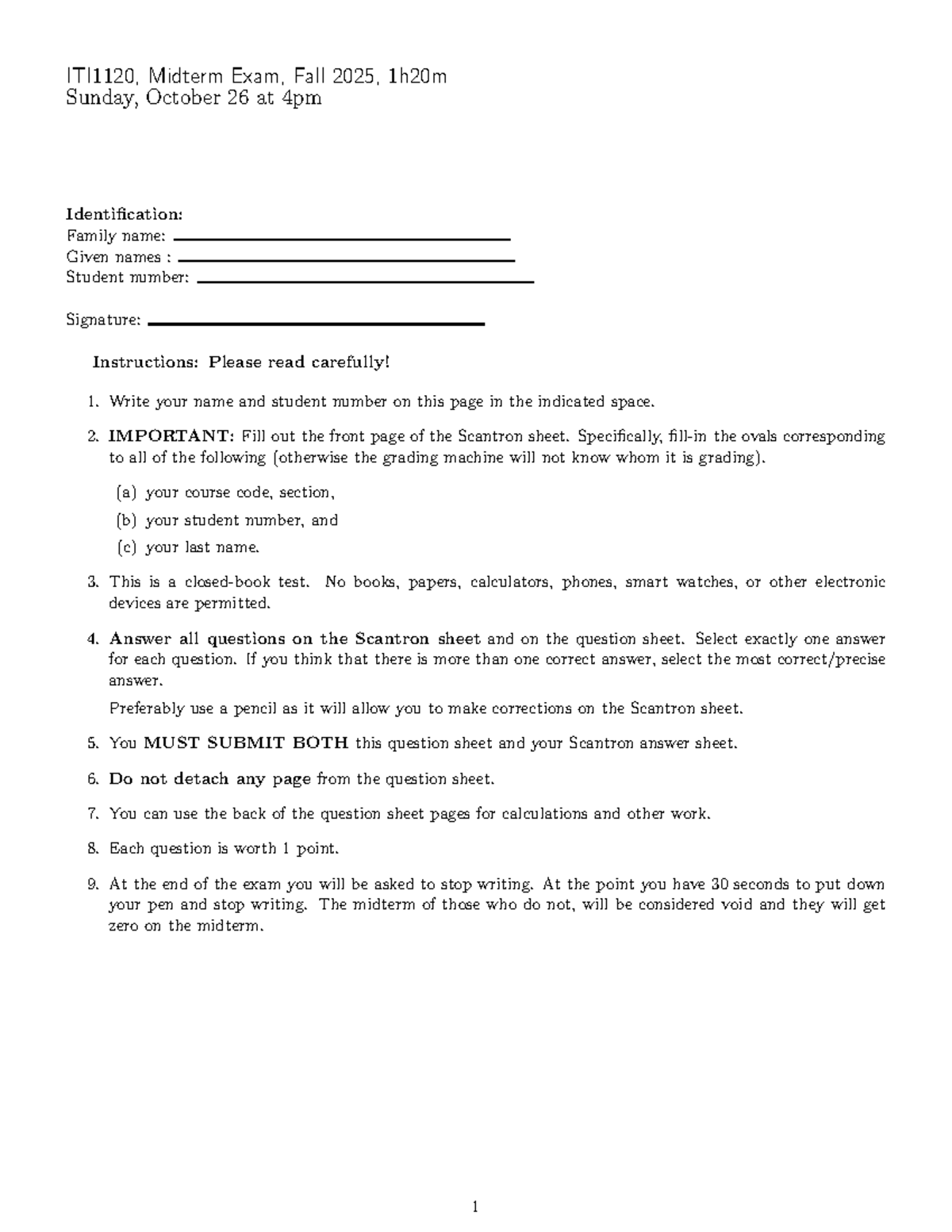 ITI1120 Midterm Exam Guidelines - Fall 2025 - Studocu