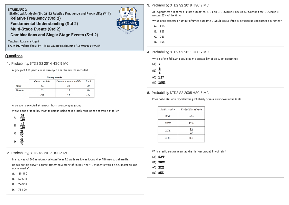 Probability Concepts for STD2 S2: HSC MC Questions & Solutions - Studocu