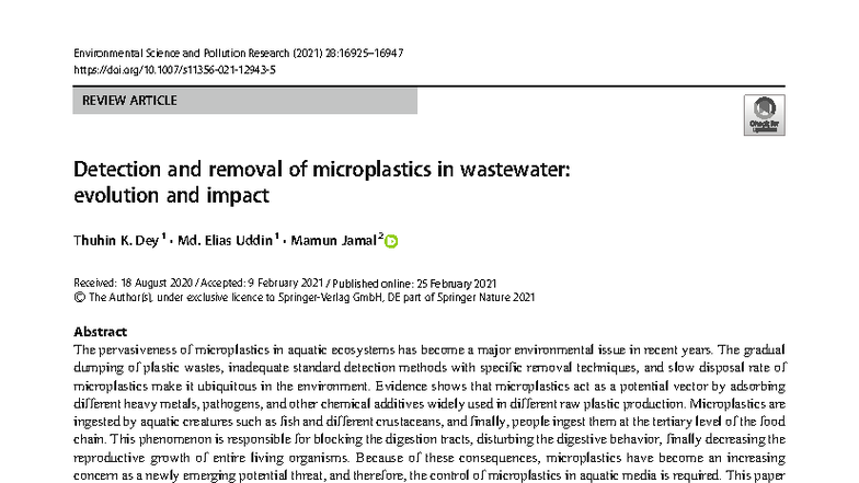 2021 Detection and removal of microplastics in wastewater evolution and ...