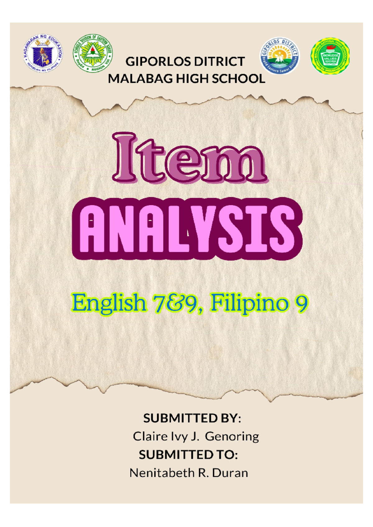 Item Analysis Word - GRADE 9 – FILIPINO Item No. Diff Index Verdict ...
