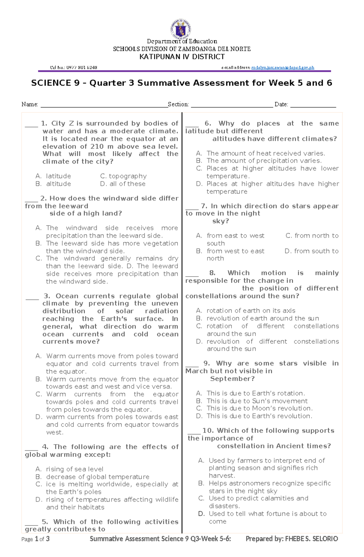Science 9 Summative Assessment W5and W6 - Department of Education ...