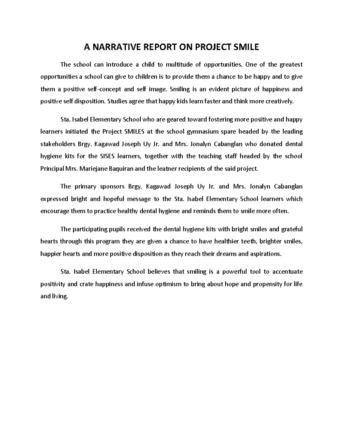Narrative Report: Project SMILE - Enhancing Children's Well-Being - Studocu