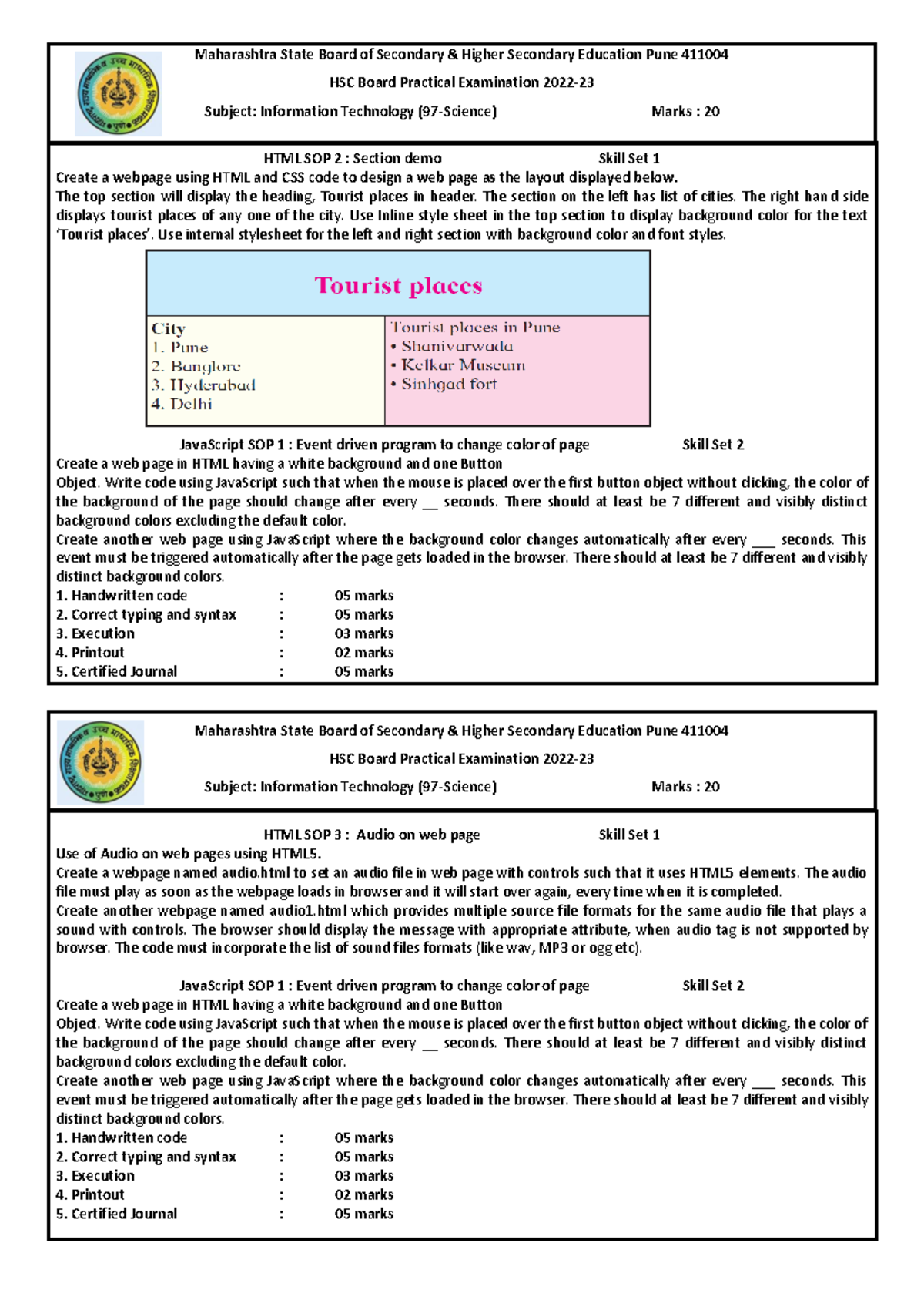 HSC IT Practical Examination 2022-23: Skill Set SOP Details - Studocu