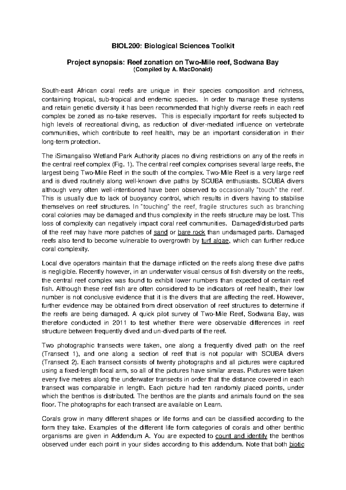 BIOL200 Project Description: Zonation and Assessment of Two-Mile Reef ...