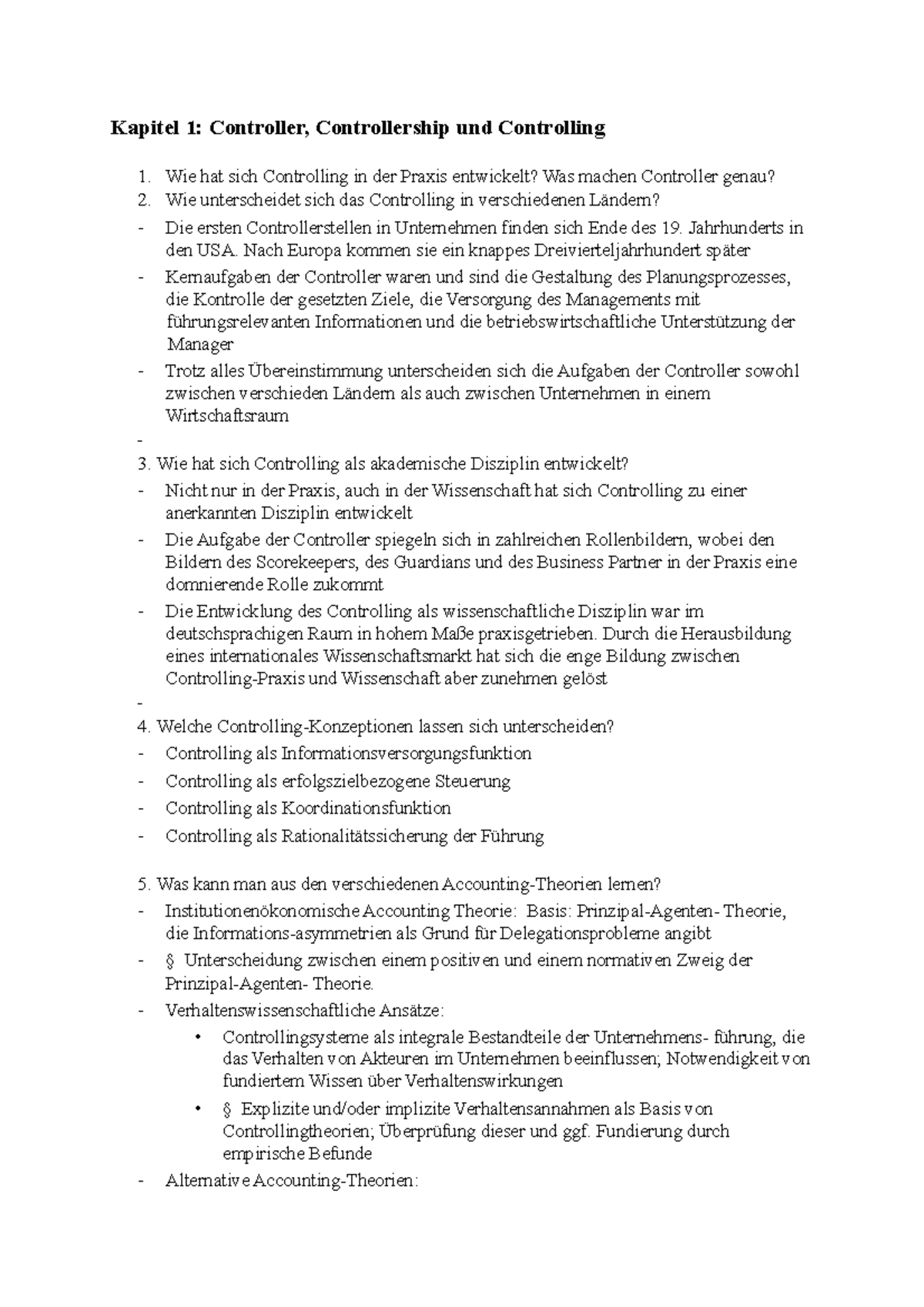 Controlling - sommersemester 2022 - kapitel 1 und 2 Zusammenfassungen - Kapitel 1: Controller ...