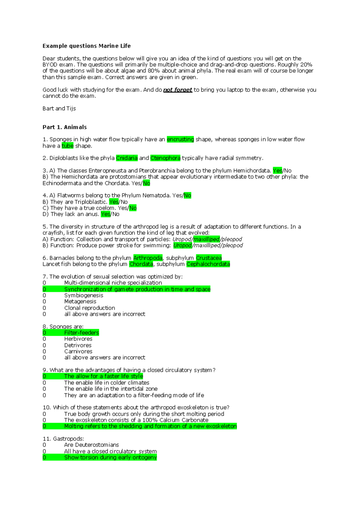 Example Exam Questions for Marine Life (OD) - Studeersnel