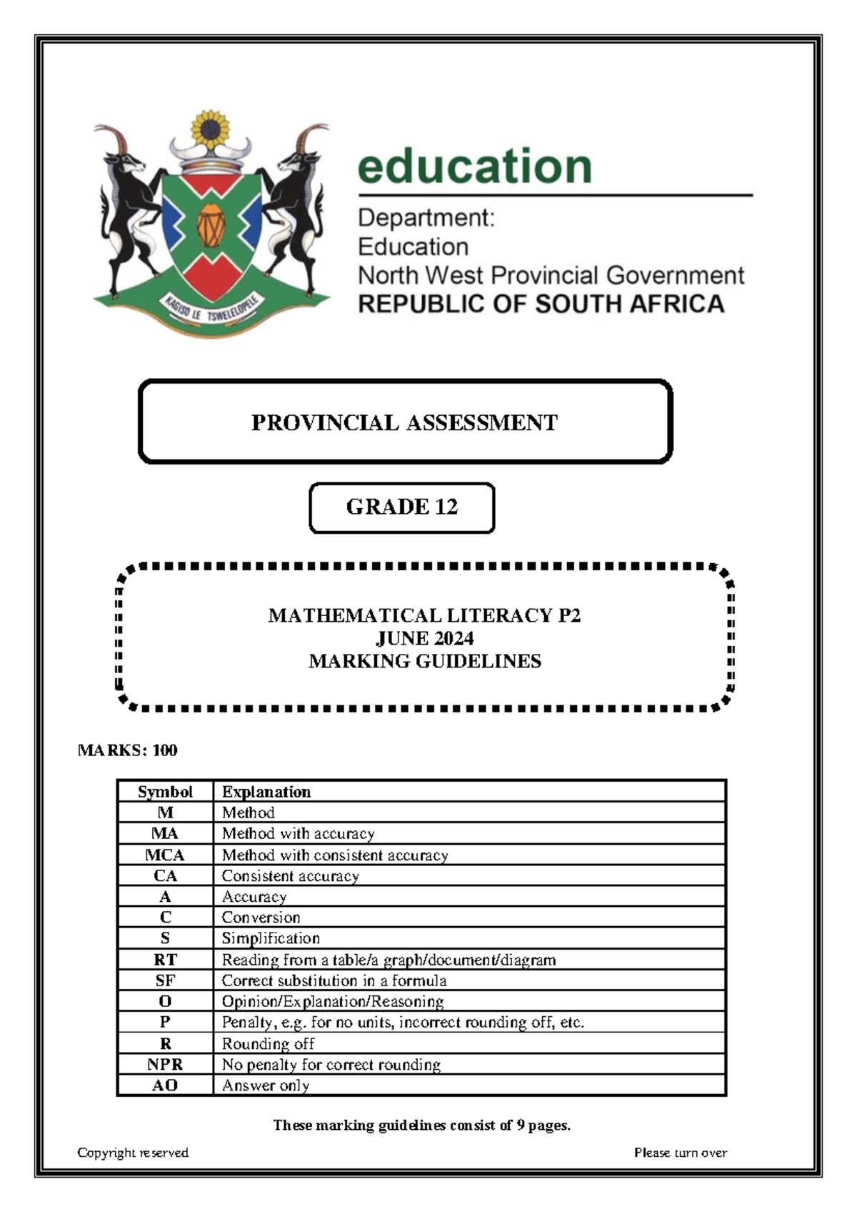 NW 12 Maths LIT P2 Marking Guidelines June 2024 - 100 Marks - Studocu