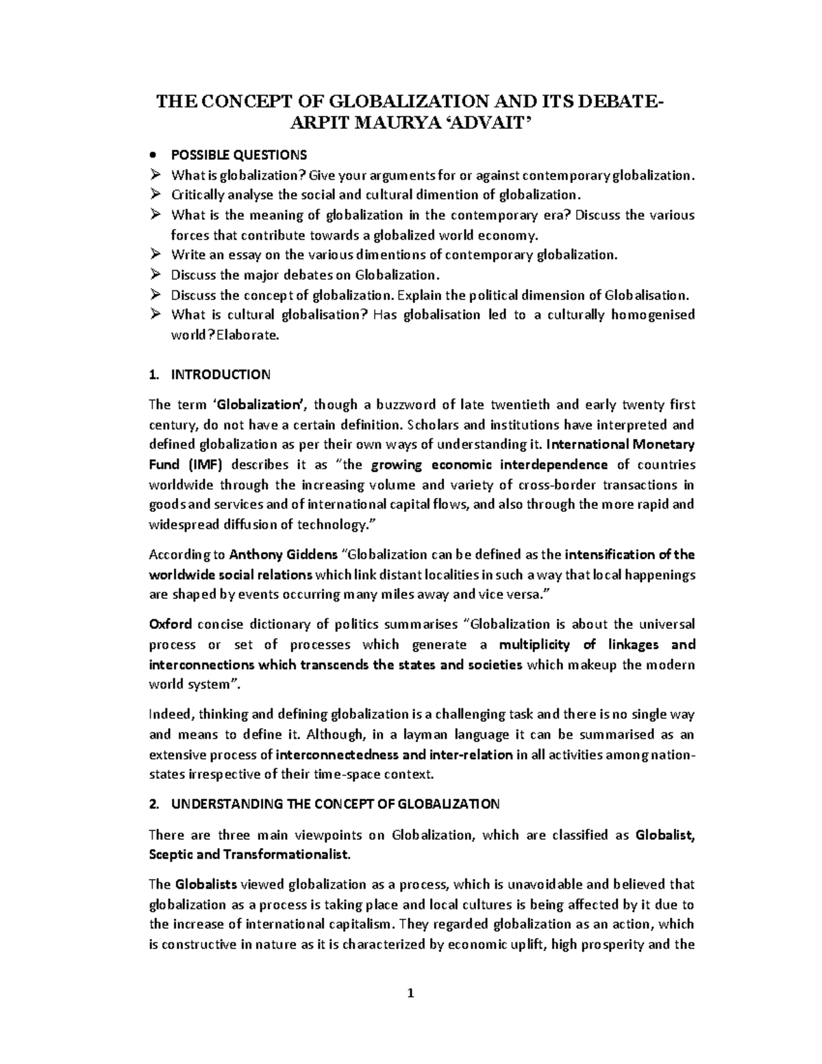 Globalization: Dimensions, Debates, and Critical Perspectives - Studocu
