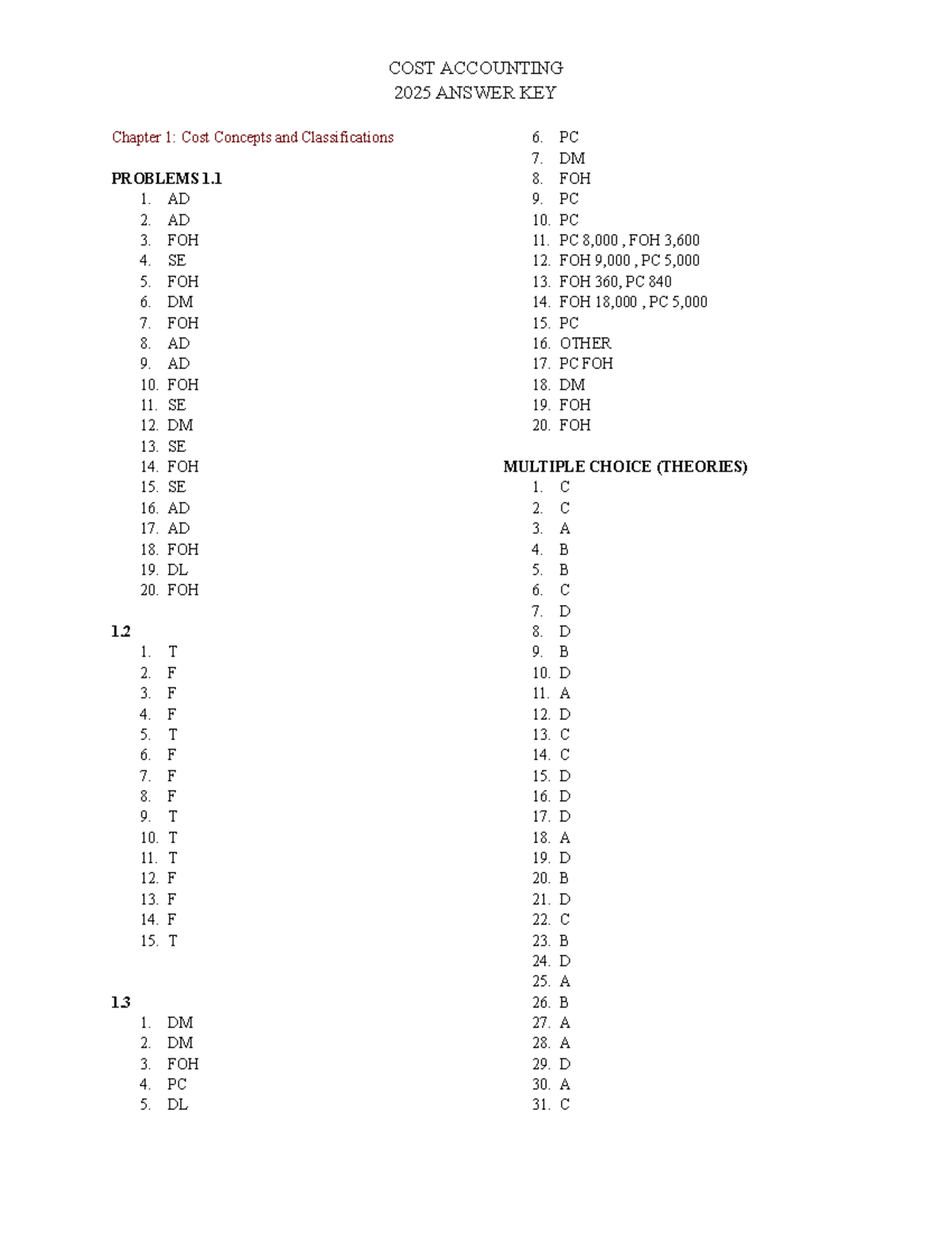 COST ACCOUNTING 2025 ANSWER KEY: Ch. 1 & 2 Problems & Theories - Studocu