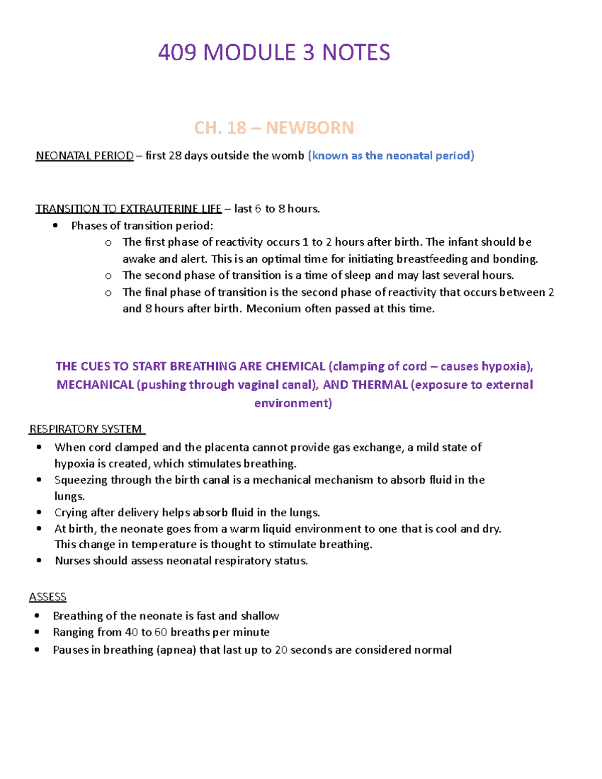 409 Mod 3 - newborn assessments, complications of newborn - 409 MODULE ...