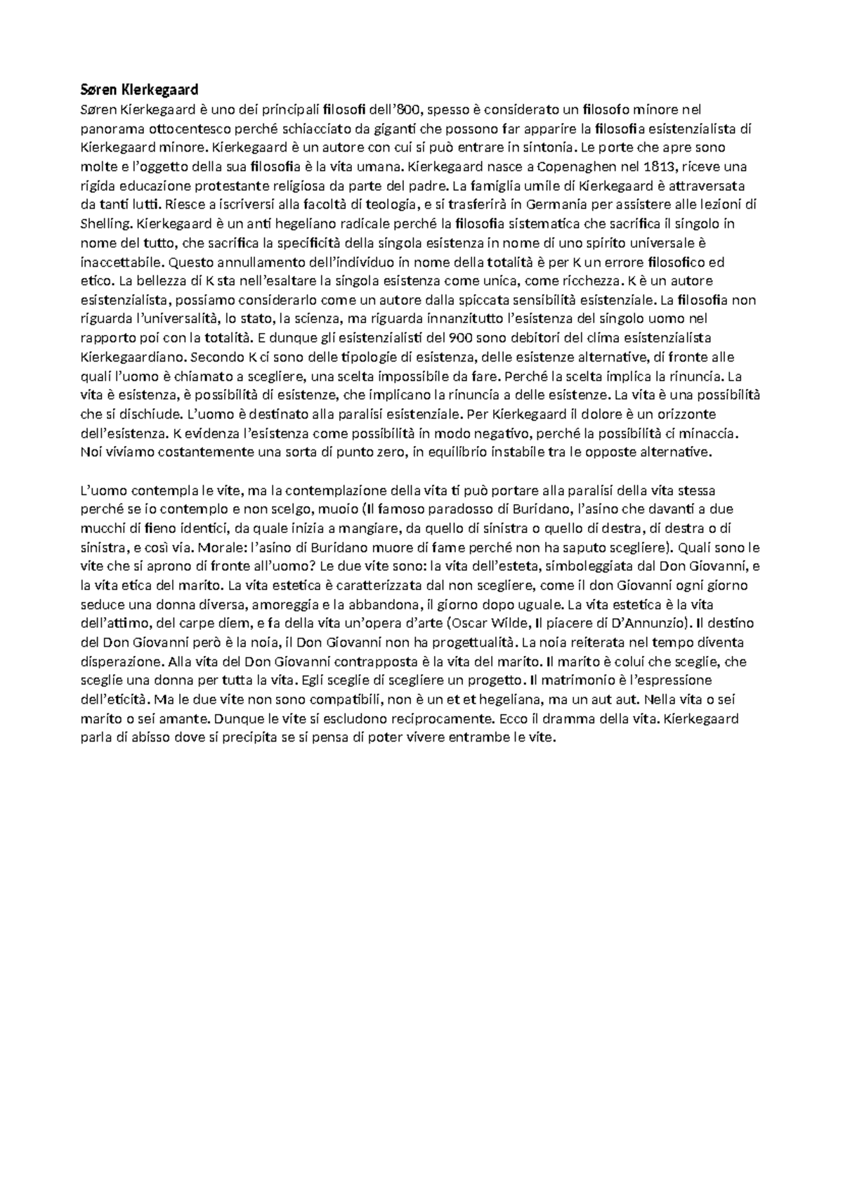 Søren Kierkegaard: Filosofia dell'Esistenza e Scelte di Vita - Studocu