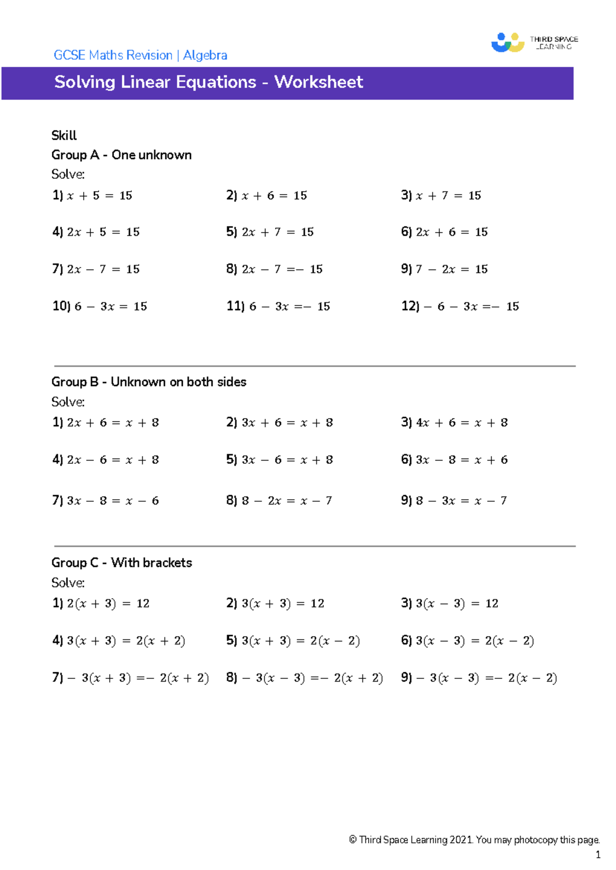 GCSE Maths Revision: Algebra - Solving Linear Equations Worksheet - Studocu
