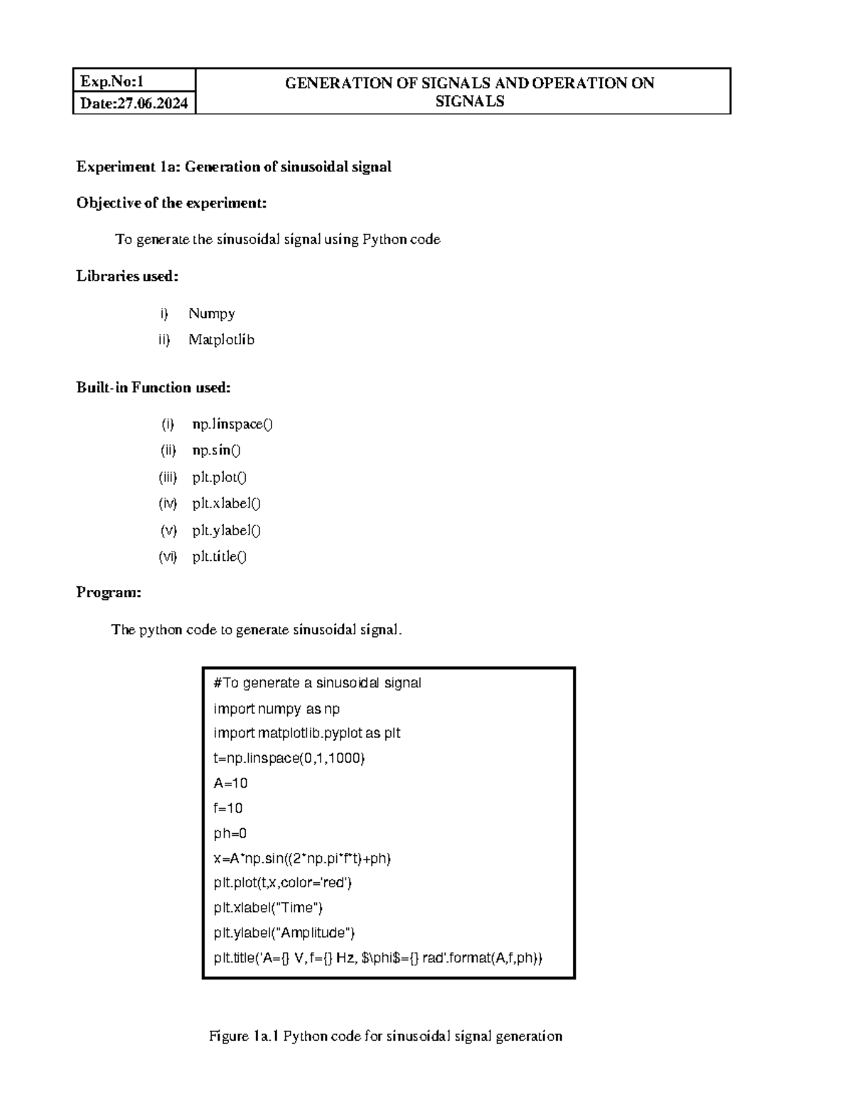 Lab Report - 1: Signal Generation Experiments Using Python [DSP] - Studocu