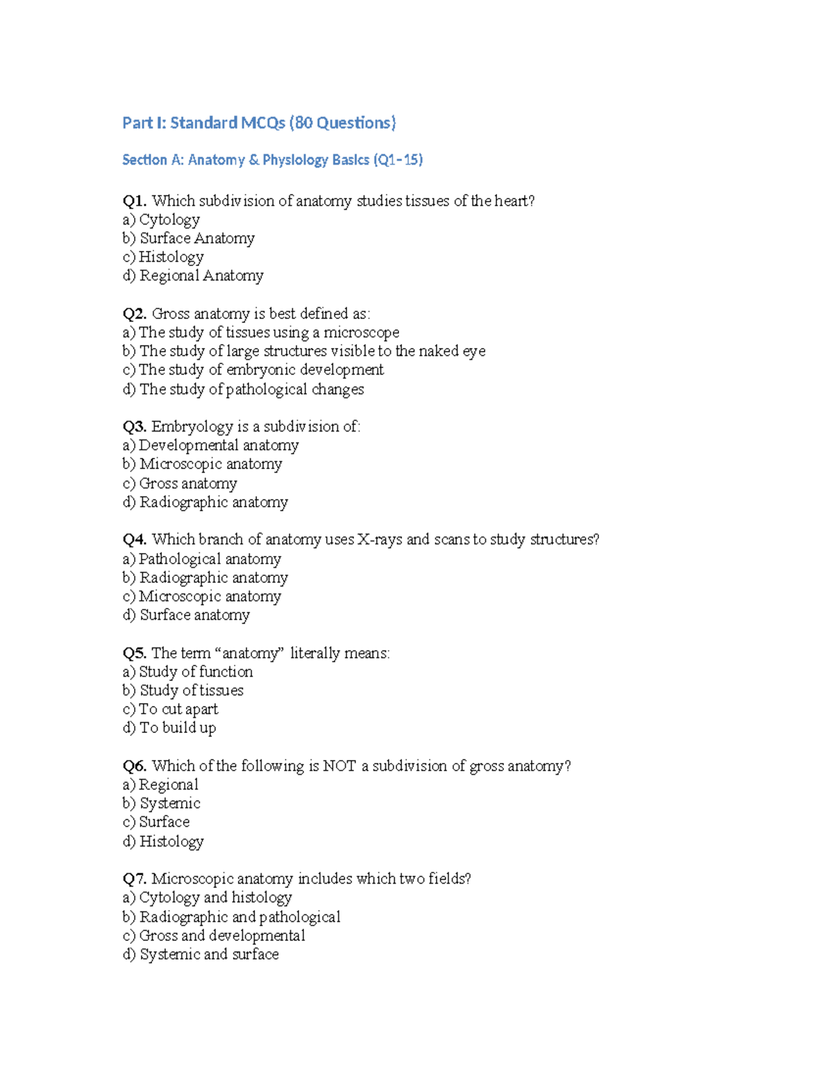 Chapter 1: Human Anatomy MCQs (100 Questions) - Studocu