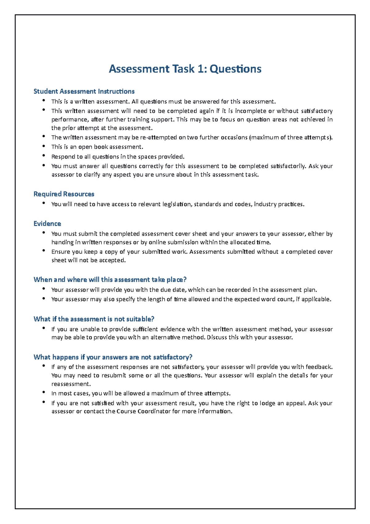 DCS - Chcccs 004 - Task 1 Questions - Assessment Task 1: Questions Student Assessment ...